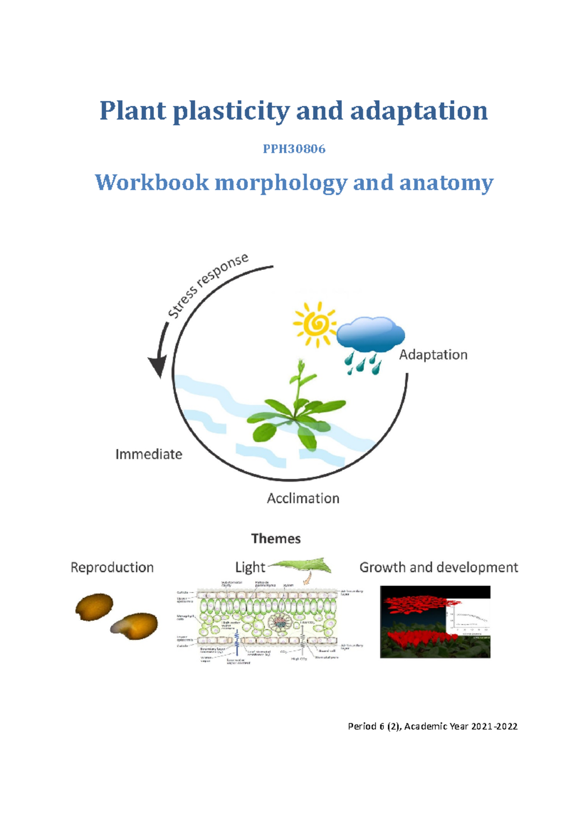 Workbook PPH30806 morphology and anatomy 2022 - Plant plasticity and ...
