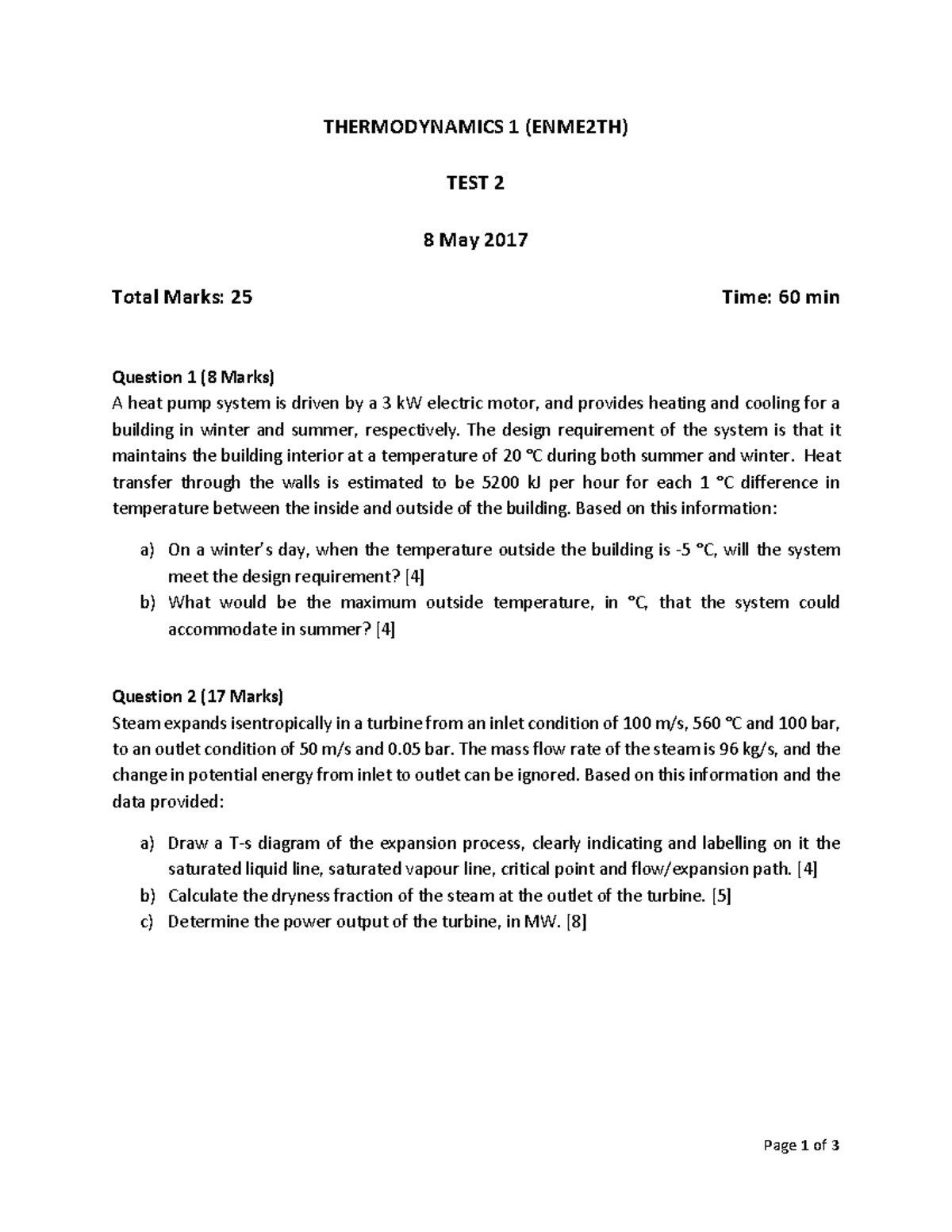 2018 - T1 - Test 2 - practice - Page 1 of 3 THERMODYNAMICS 1 (ENME2TH ...