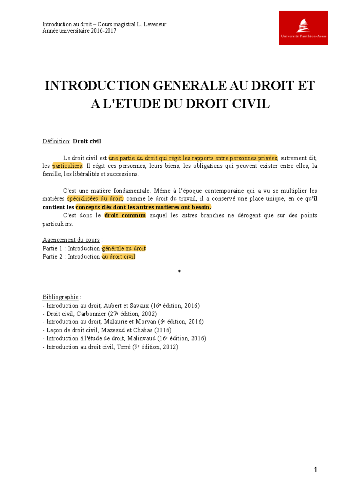 Intro au droit semestre 1 L1 - Année universitaire 2016- INTRODUCTION GENERALE AU DROIT ET A L ...
