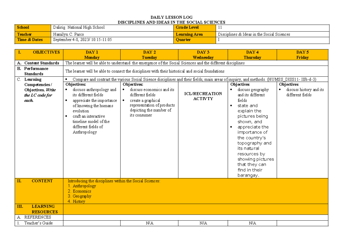 DLL DISS WEEK 2 - DLP - DAILY LESSON LOG DISCIPLINES AND IDEAS IN THE ...
