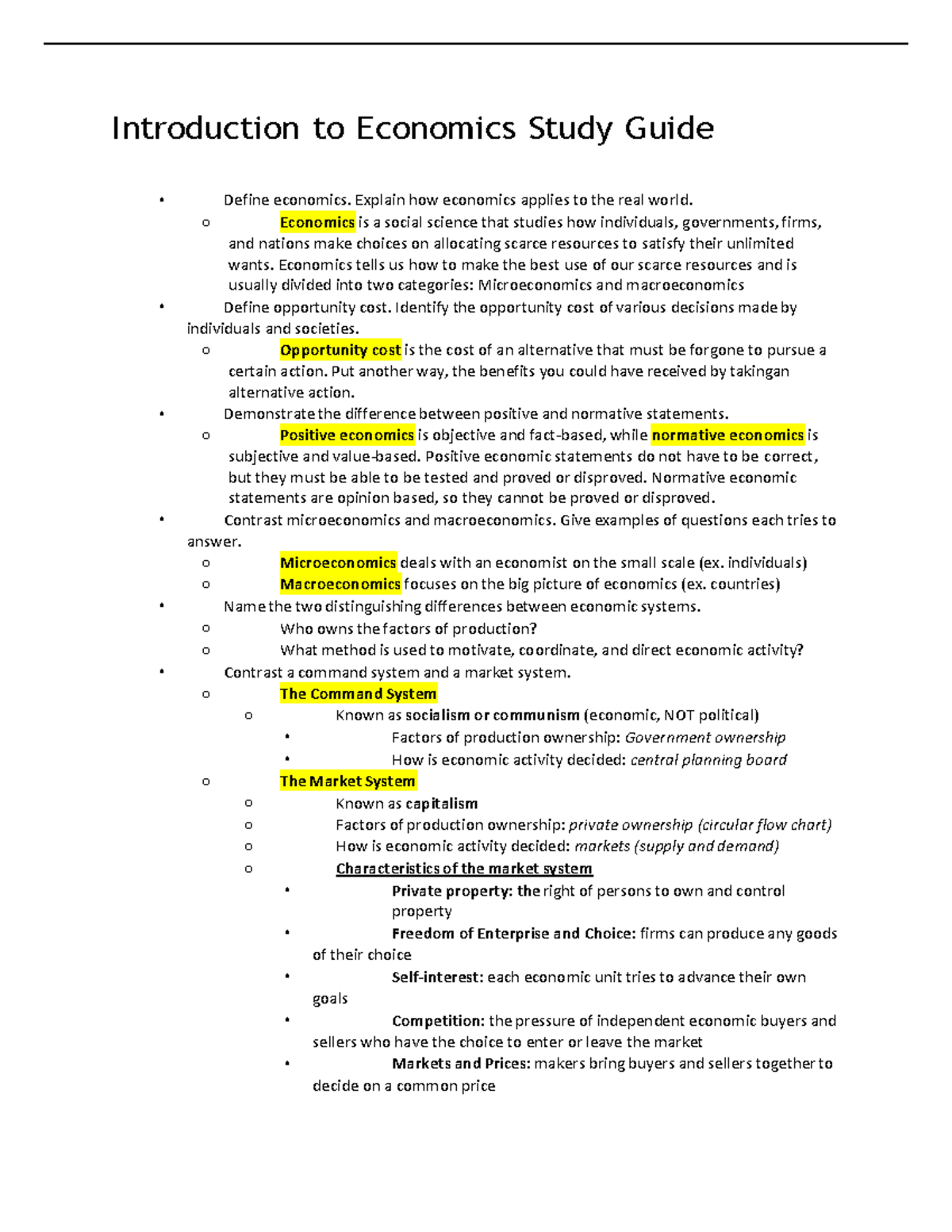 Introduction to Economics Study Guide - Introduction to Economics Study Guide Define economics ...