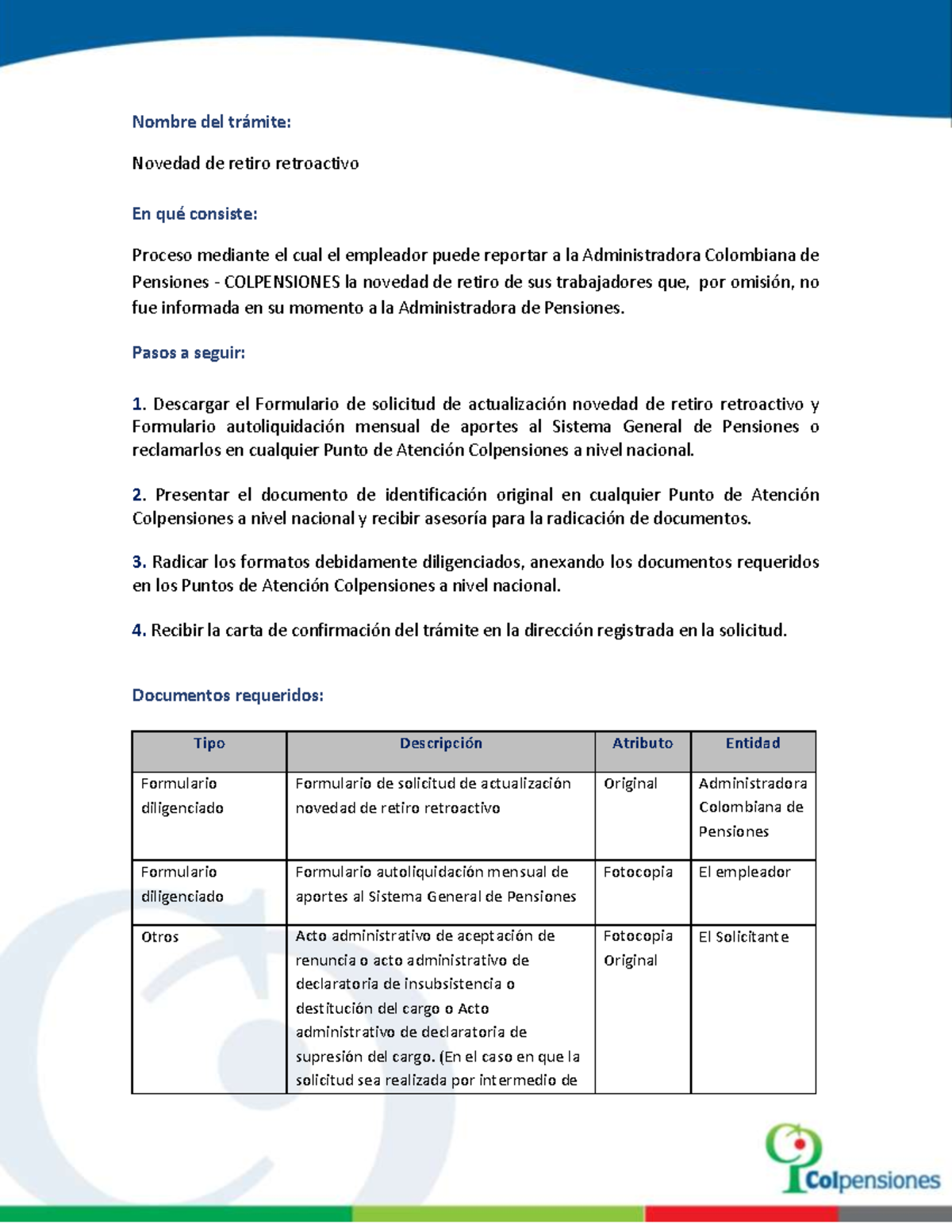 Novedad de retiro retroactivo - Nombre del trámite: Novedad de retiro ...