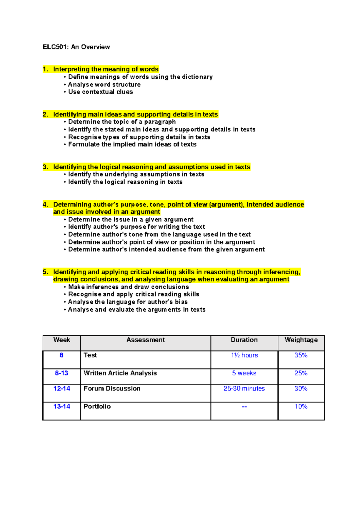 ELC501 An Overview - Course Learning Outcomes: At the end of the course ...