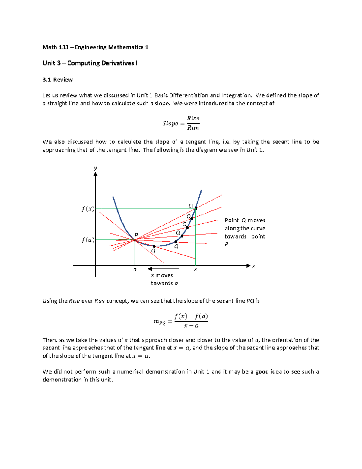 Math 133 Unit 3 Computing Derivatives 1 Math 133 Engineering Mathematics 1 Unit 3