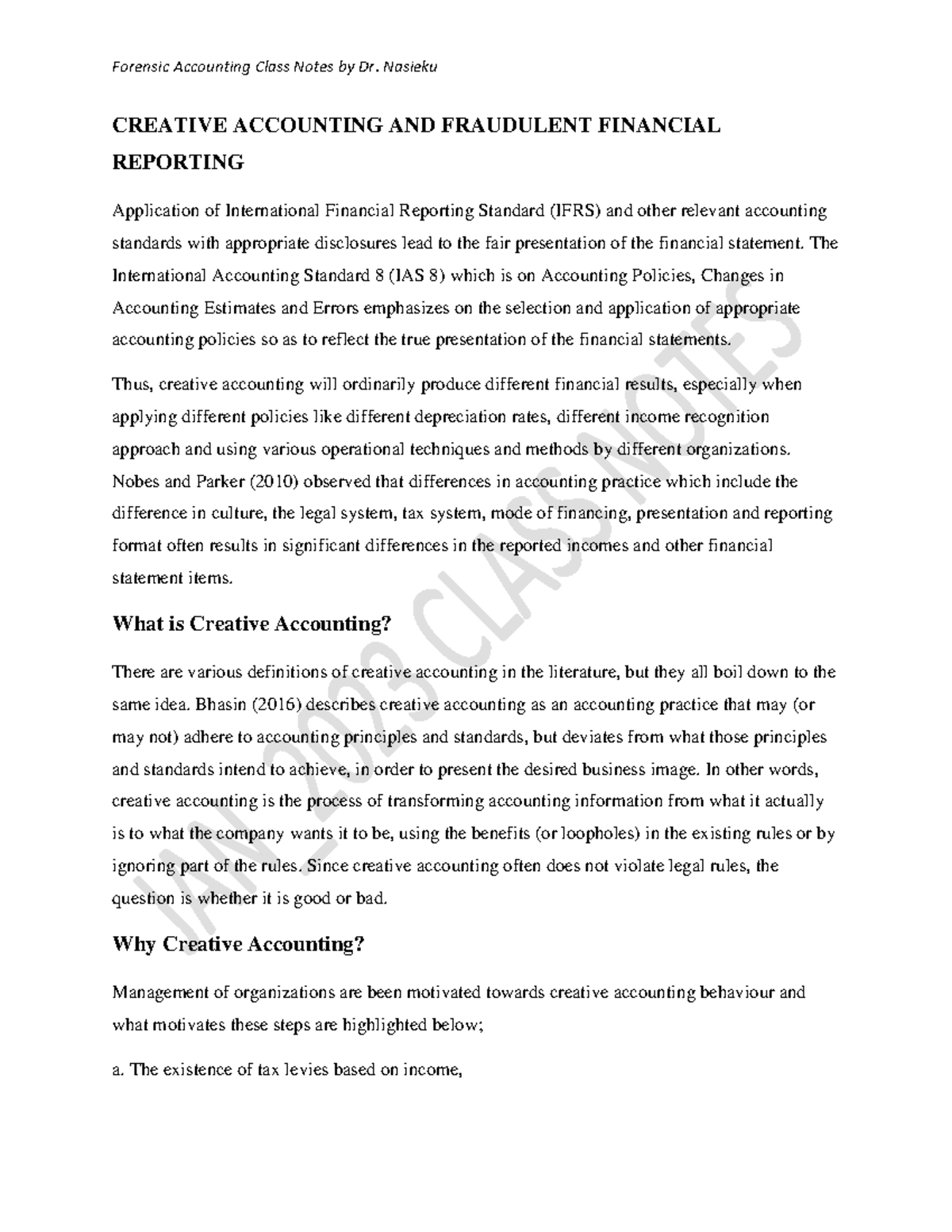 Forensic Account JAN 2023 Notes - CREATIVE ACCOUNTING AND FRAUDULENT ...