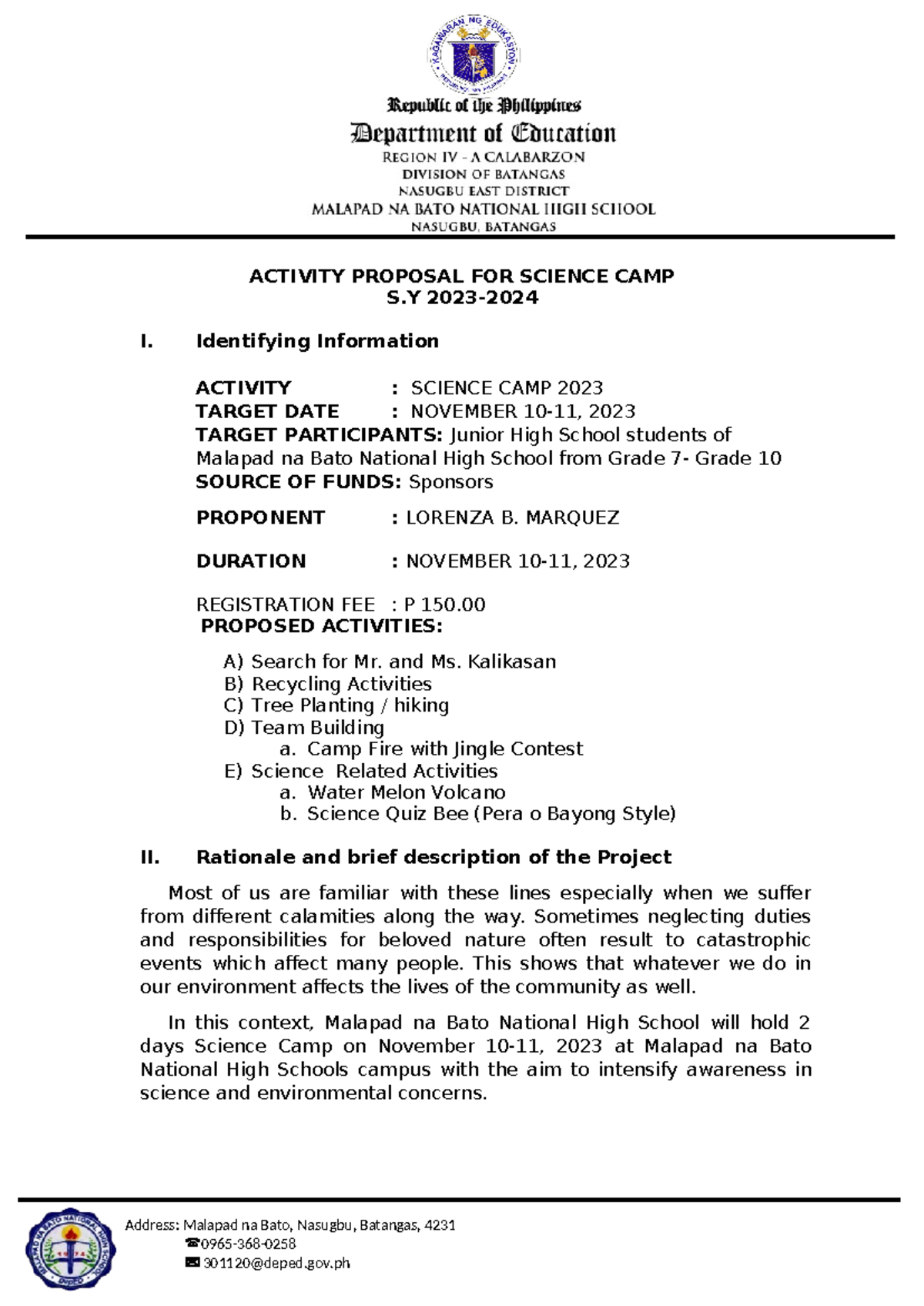 Proposal-science-camp - Address: Malapad na Bato, Nasugbu, Batangas, 4231 0965-368- ACTIVITY ...