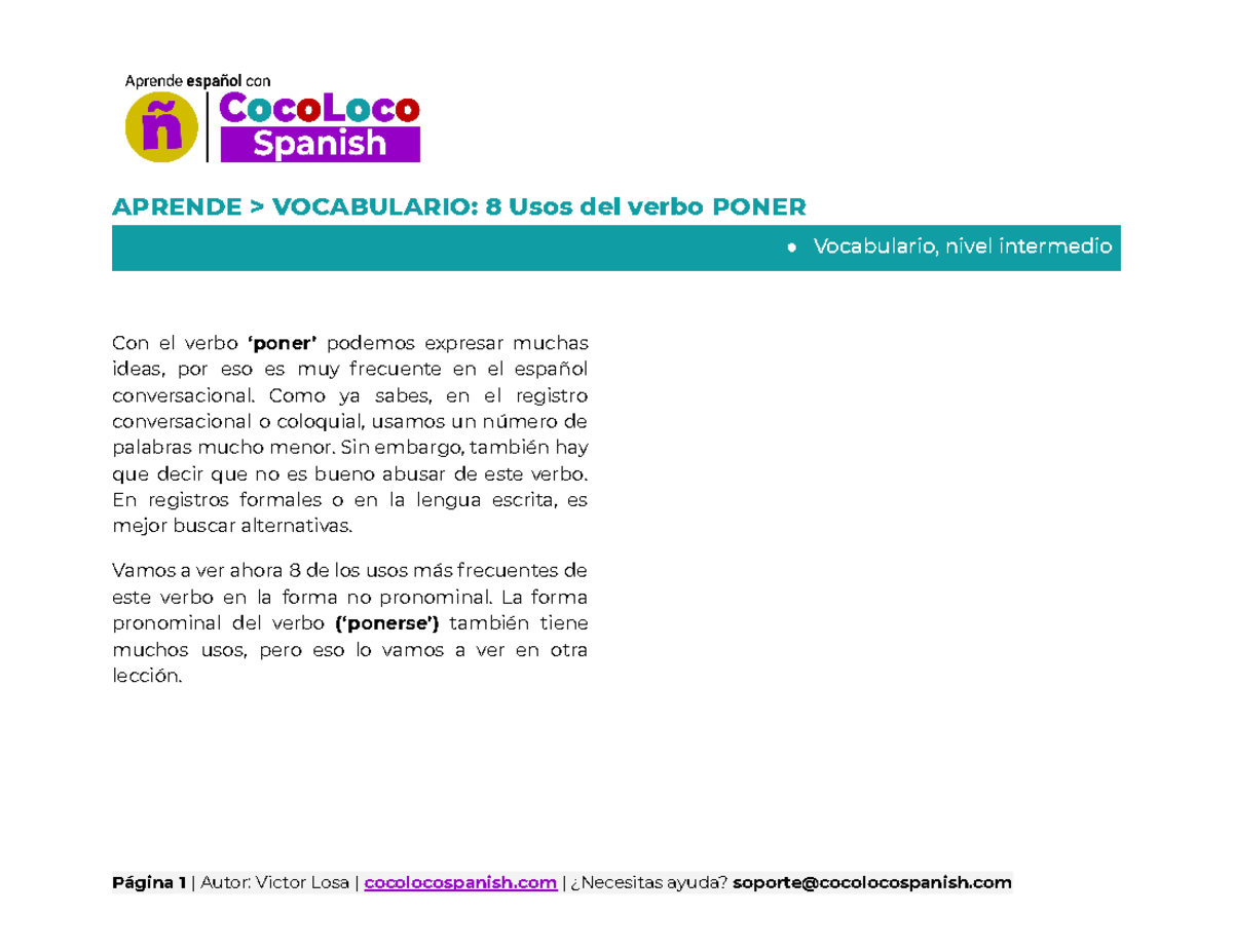 Coco Loco Spanish 8 usos del verbo Poner - APRENDE > VOCABULARIO: 8 ...