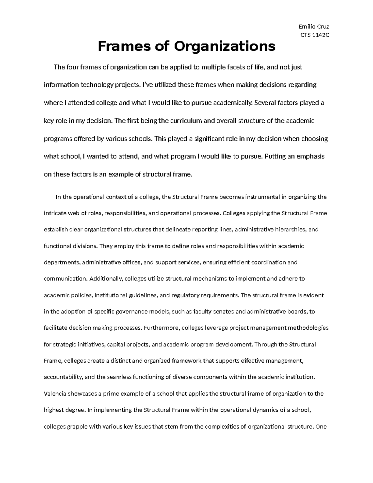 Four Frames of Oraganization - CTS 1142C Frames of Organizations The ...