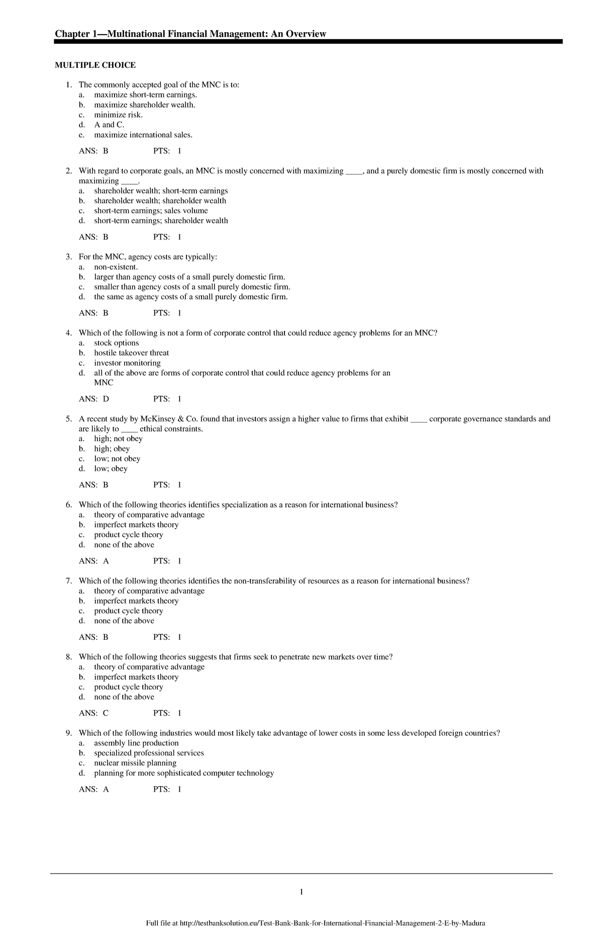 TB1 - trắc nghiệm - 1 Chapter 1—Multinational Financial Management: An ...