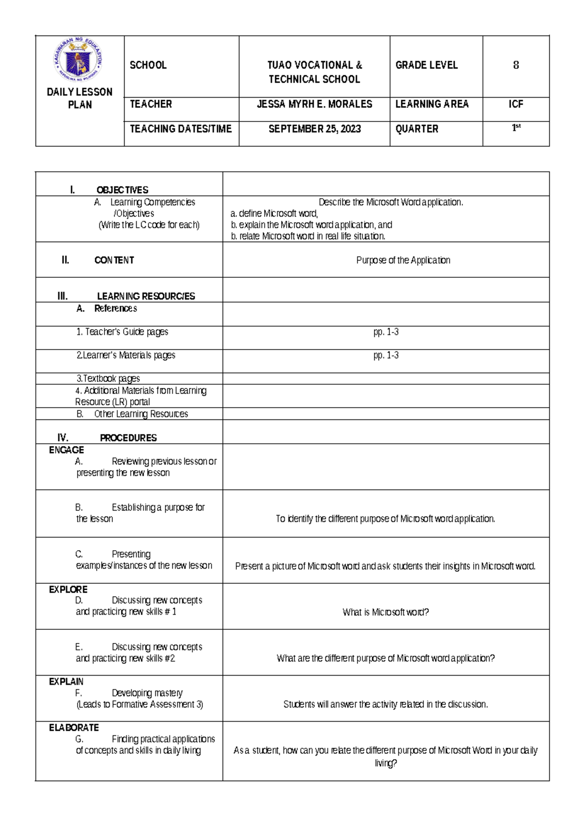 INFORMATION COMMUNICATION TECHNOLOGY LP - DAILY LESSON PLAN SCHOOL TUAO ...