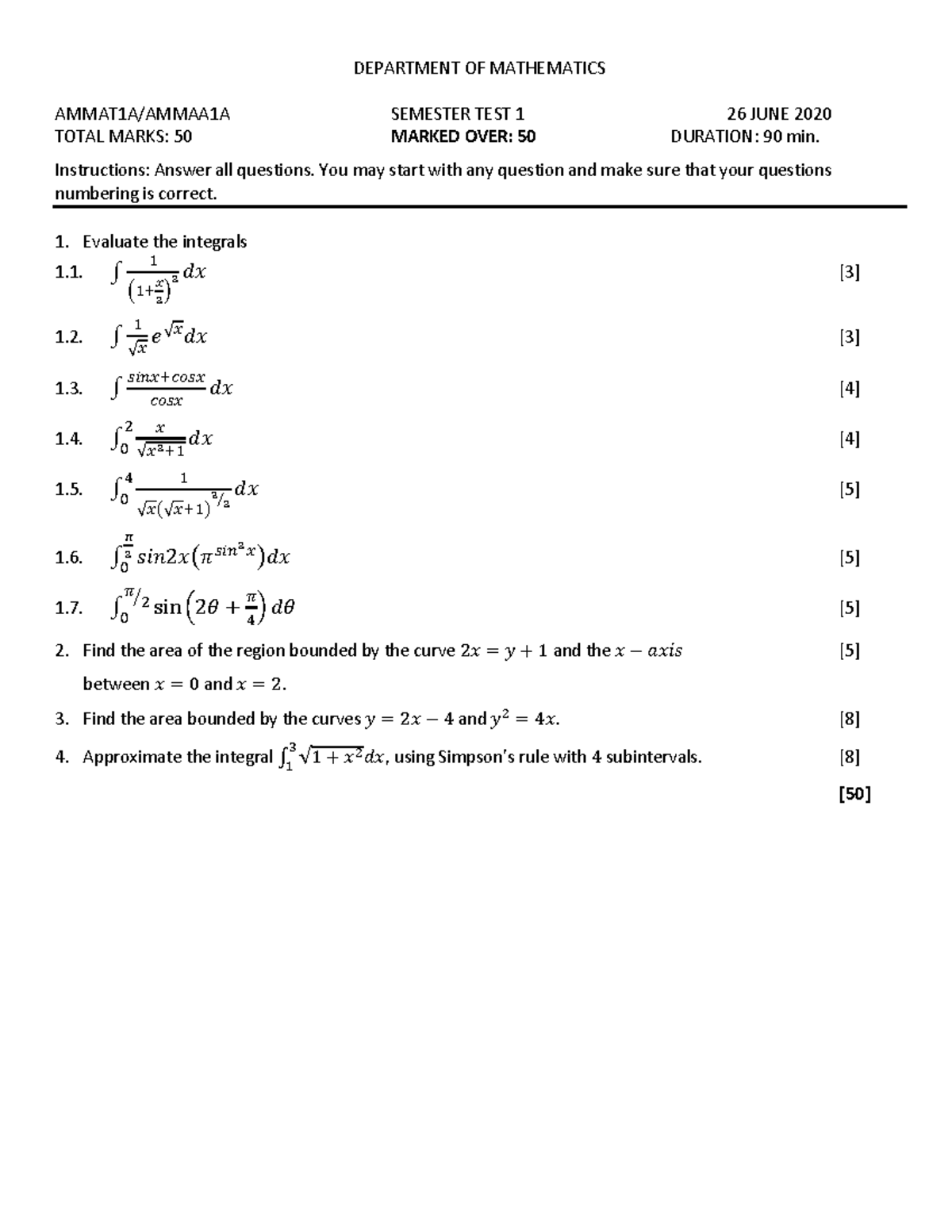 Semester Test 1.26.06.2020 - DEPARTMENT OF MATHEMATICS AMMAT1A/AMMAA1A ...