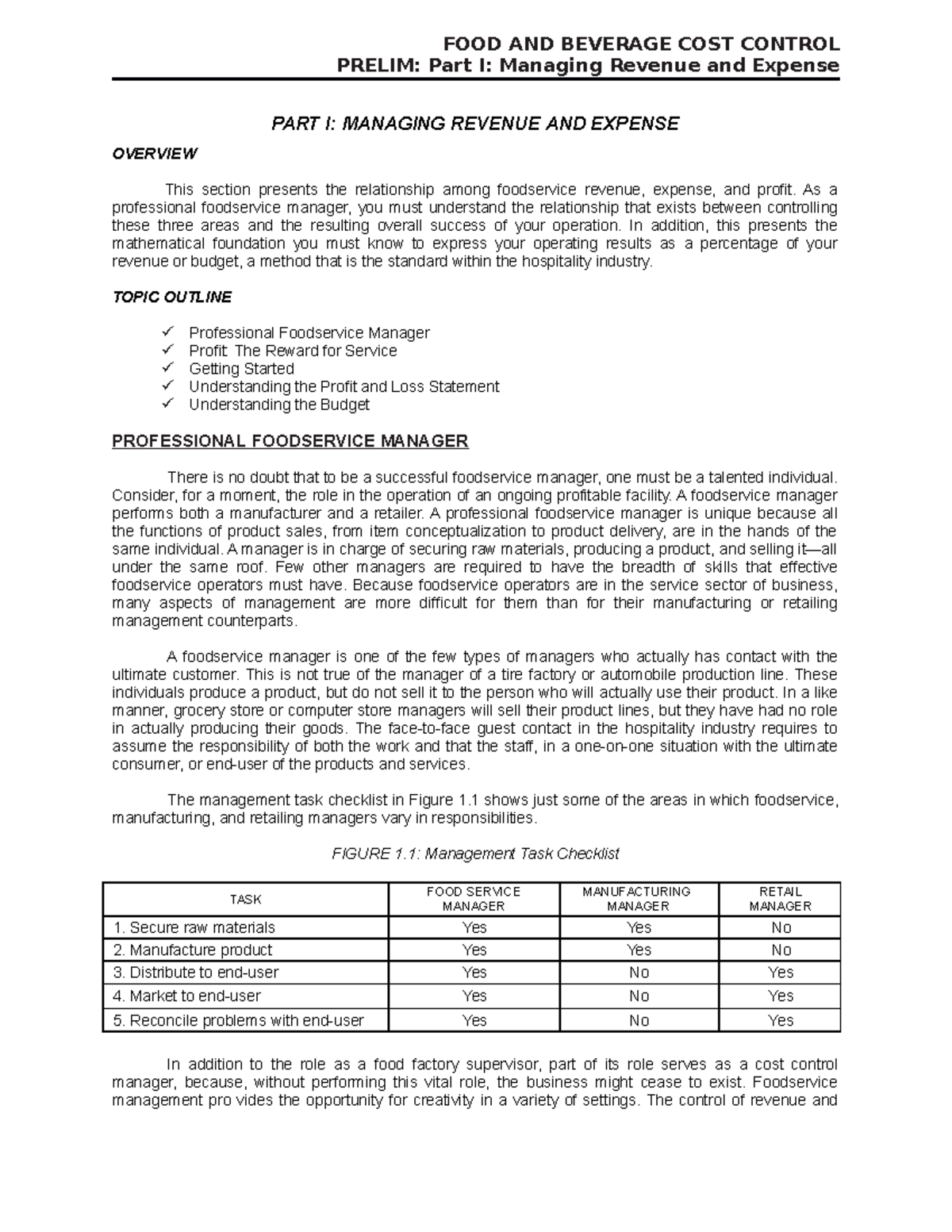 Food And Beverage Cost Control Part 1 PRELIM Part I Managing