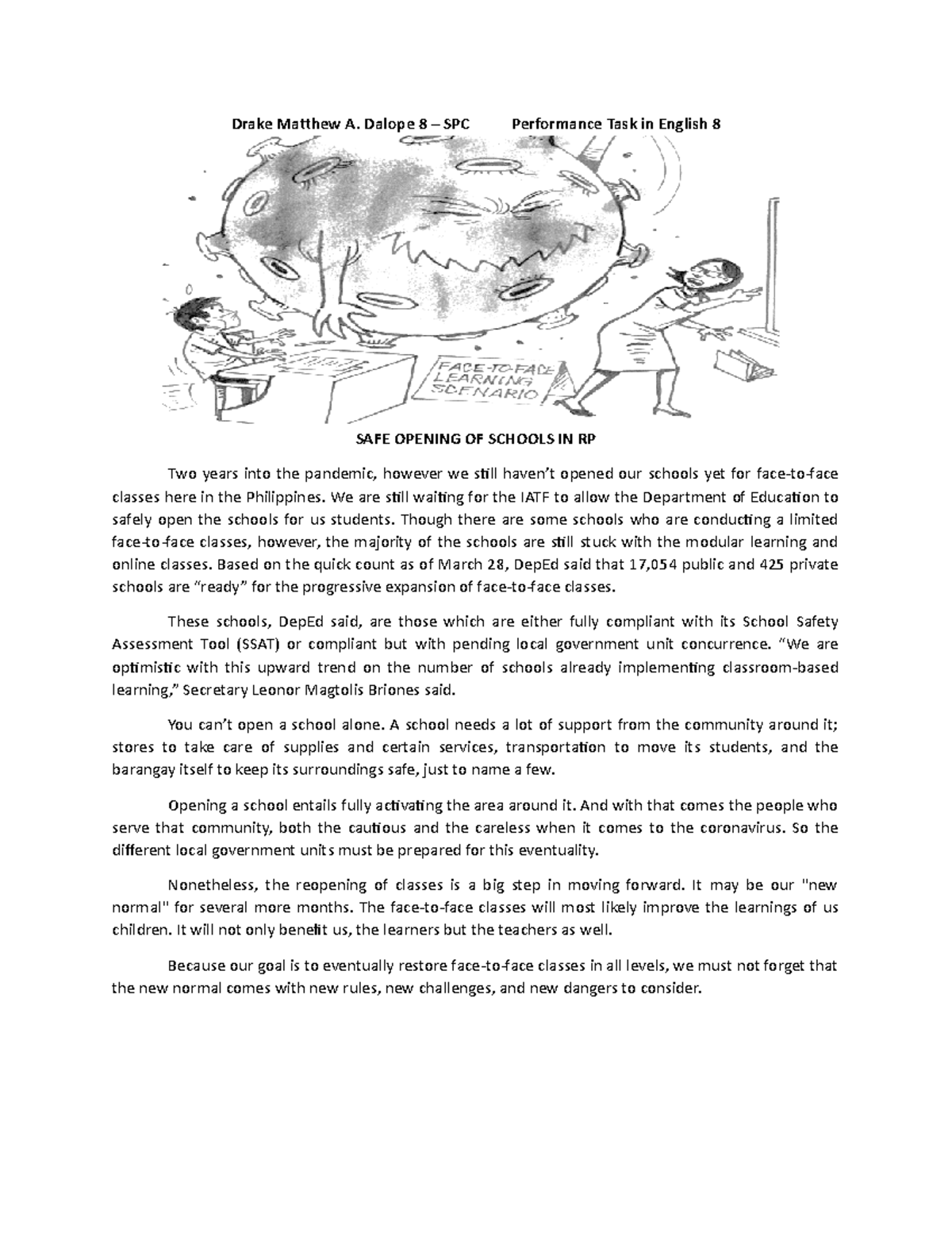 Performance Task in English 8 - Drake Matthew A. Dalope 8 – SPC ...