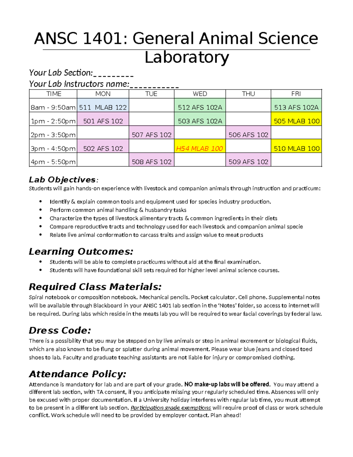 ANSC 1401 Lab Syllabus Fall - ANSC 1401: General Animal Science ...