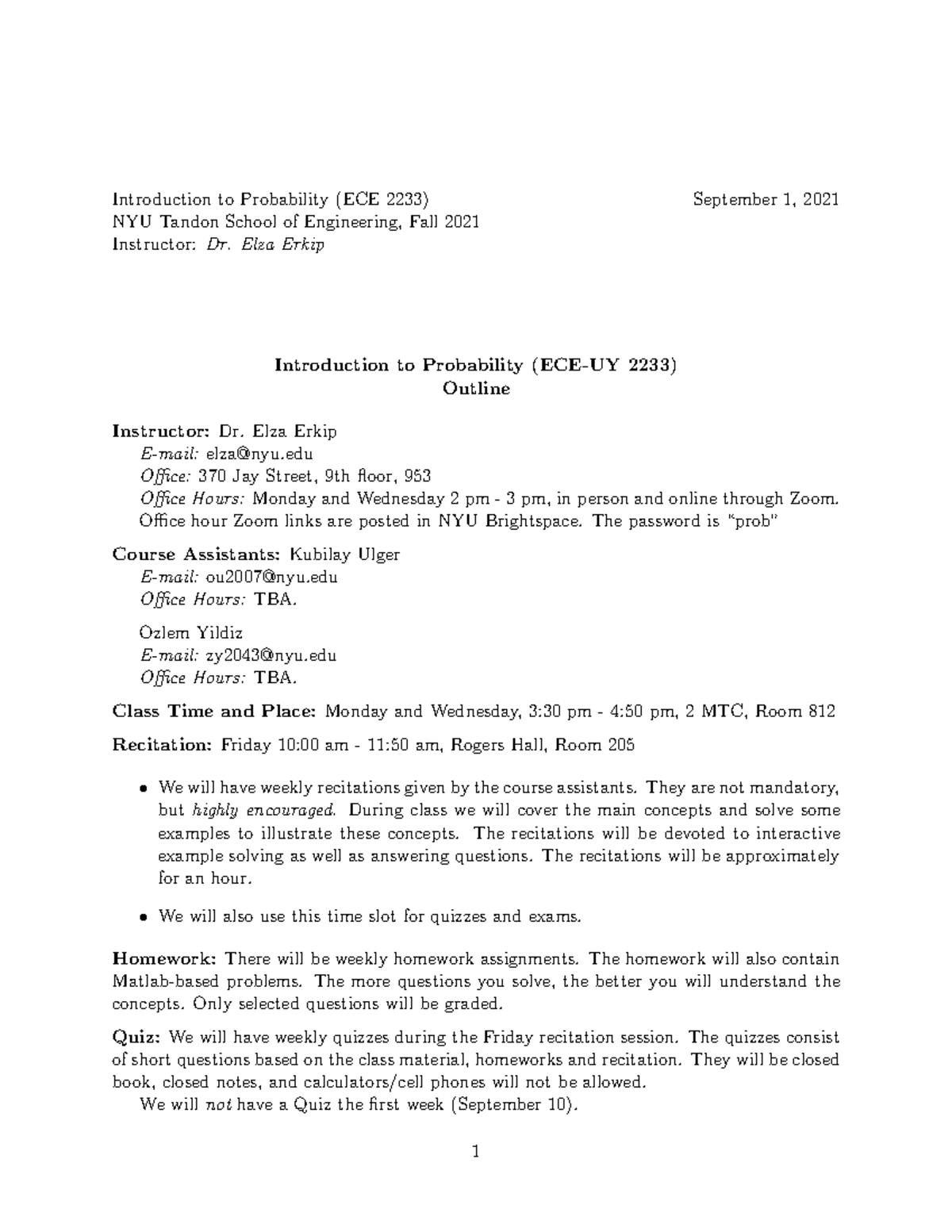 ECE UY 2233 F21 - Syllabus - Introduction to Probability (ECE 2233 ...