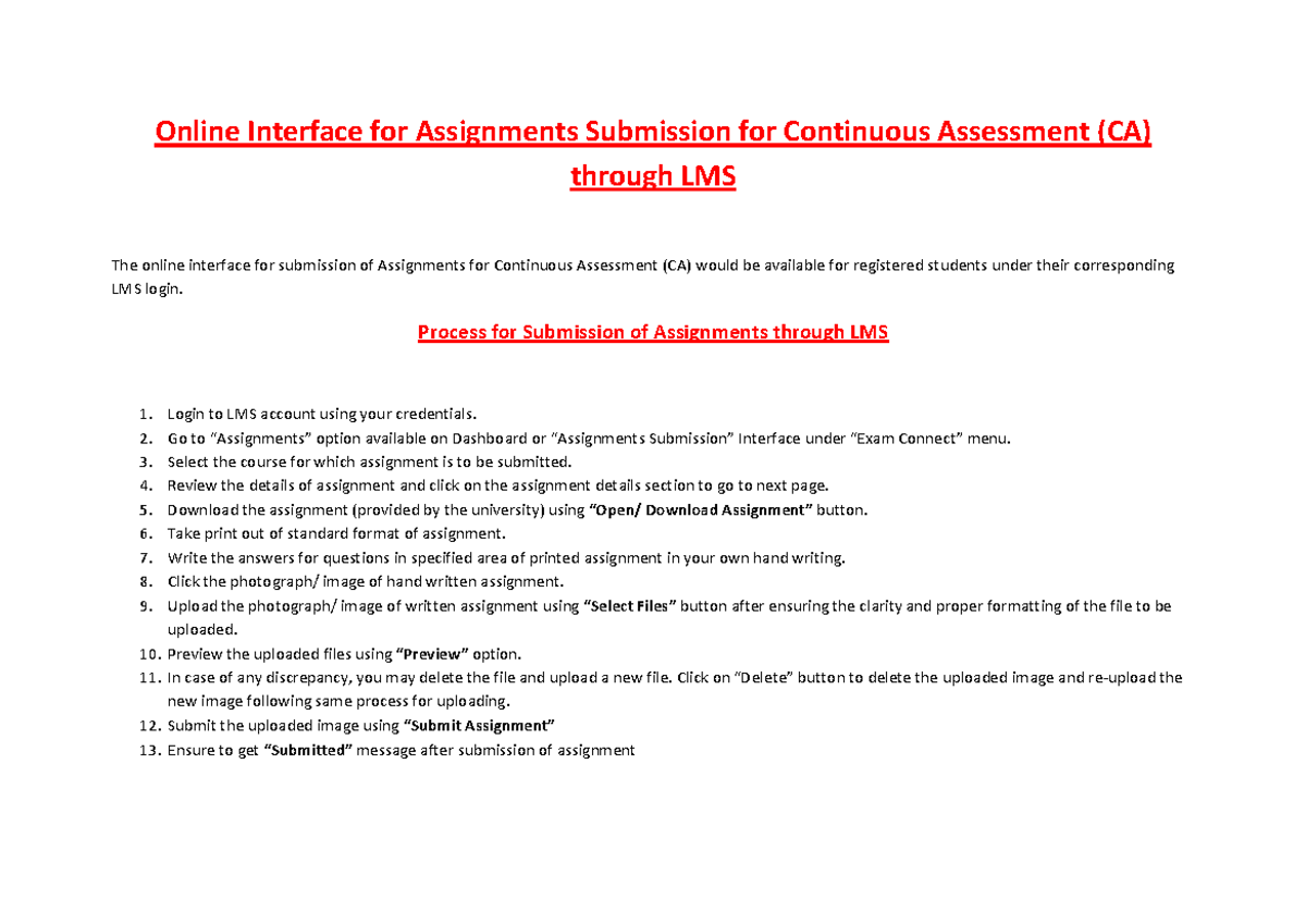 Instructions and Process LMS 2 - Online Interface for Assignments Submission for Continuous ...