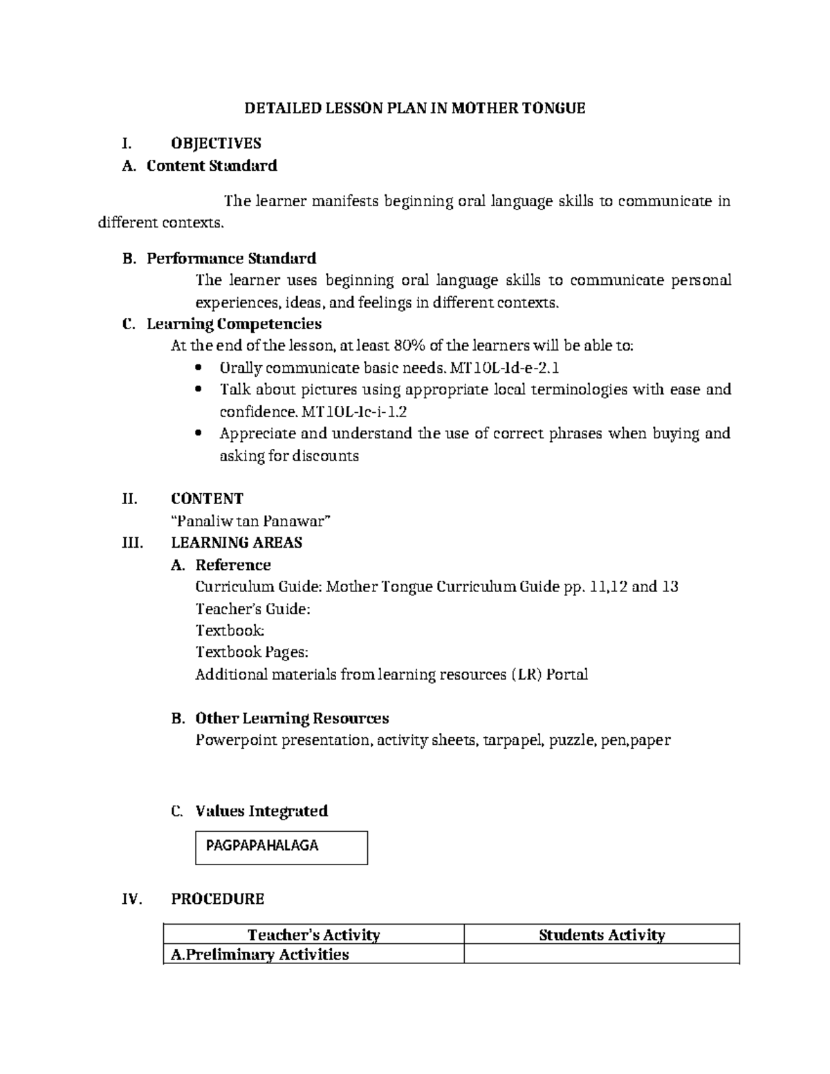 Detailed- Lesson-PLAN-IN- Mother Tongue - PAGPAPAHALAGA DETAILED LESSON ...