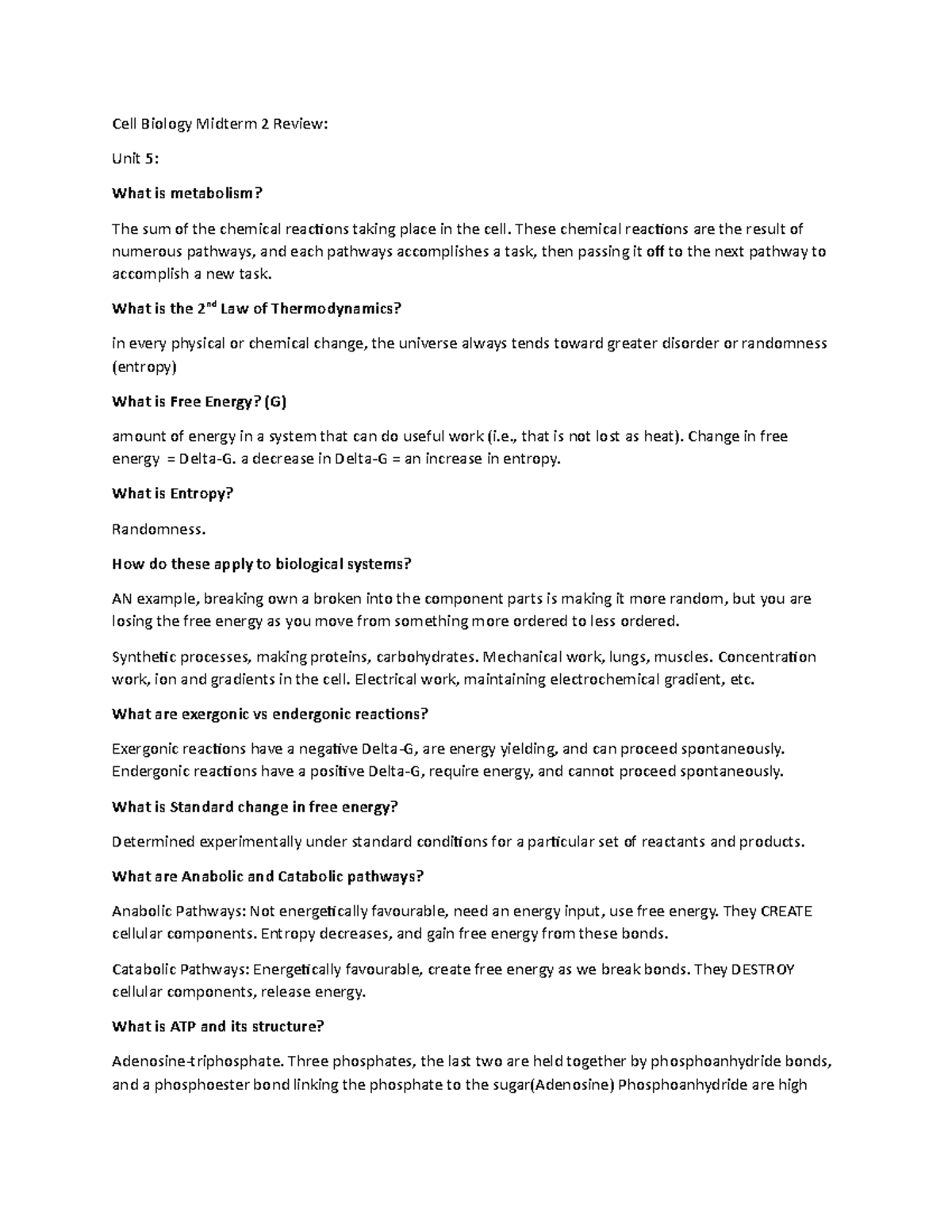 Midterm 2 Review - Cell Biology Midterm 2 Review: Unit 5: What is ...