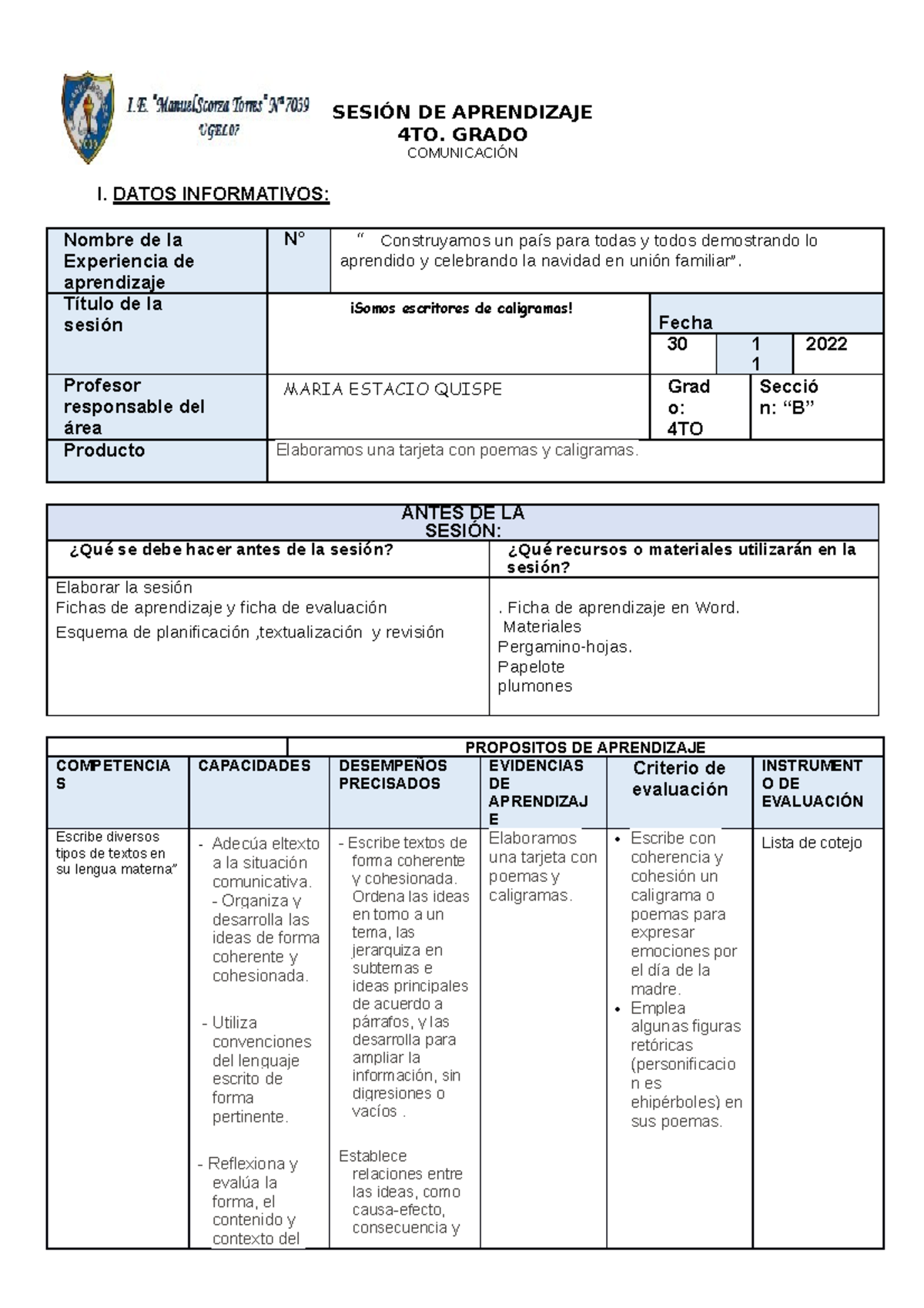 Sesiones comunicacion 28-11 - SESIÓN DE APRENDIZAJE 4TO. GRADO COMUNICACIÓN I. DATOS ...