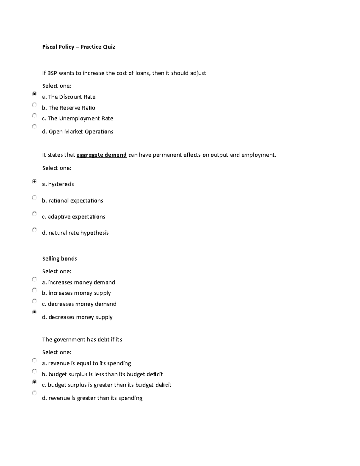 Microeconomics Fiscal Policy – Practice Quiz - Fiscal Policy – Practice ...