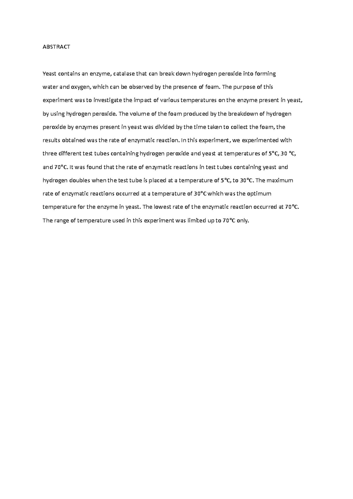 Abstract - ABSTRACT Yeast contains an enzyme, catalase that can break ...
