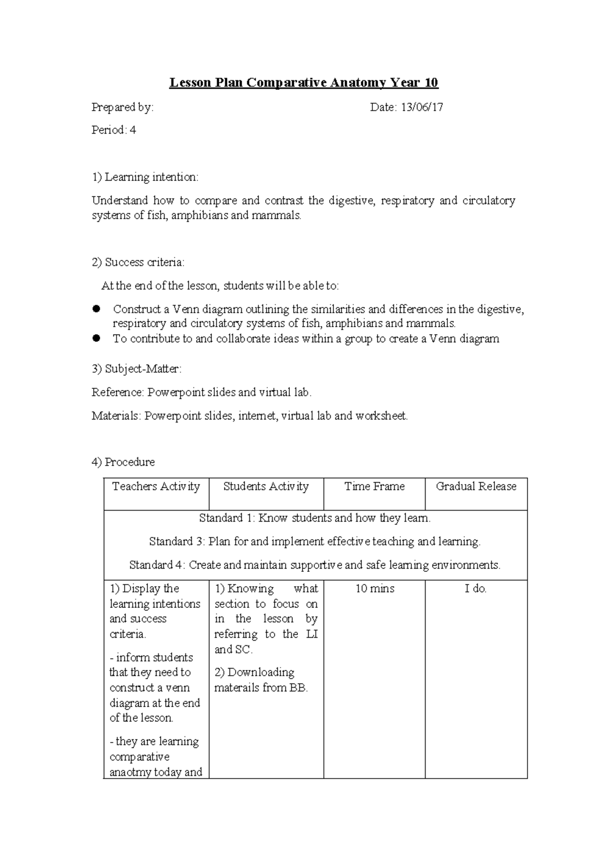 3 Year 10 Comparative Anatomy 13 June - Lesson Plan Comparative Anatomy ...