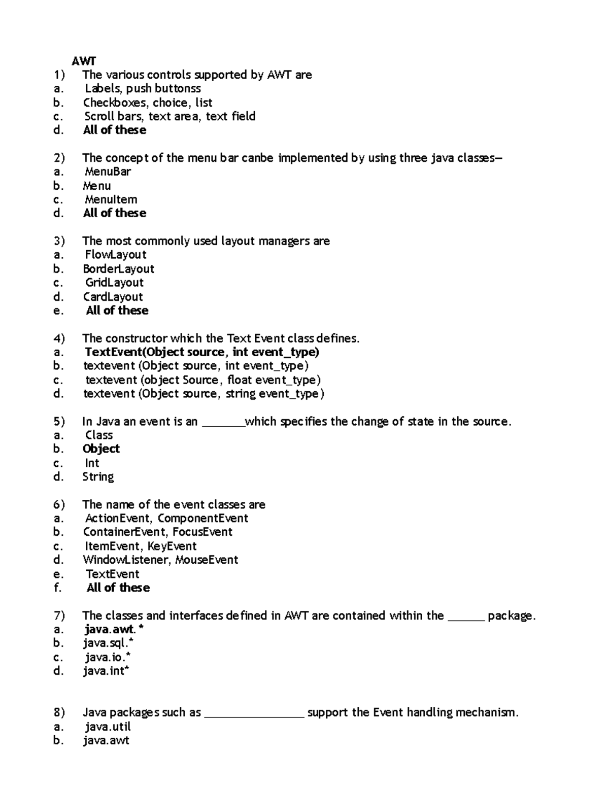 Mcq ajp set2 - AWT The various controls supported by AWT are a. Labels ...