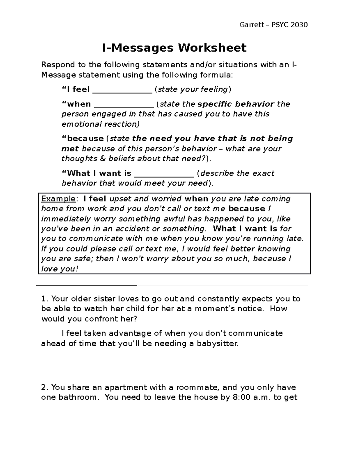 I-Messages Activity - Garrett – PSYC 2030 I-Messages Worksheet Respond ...
