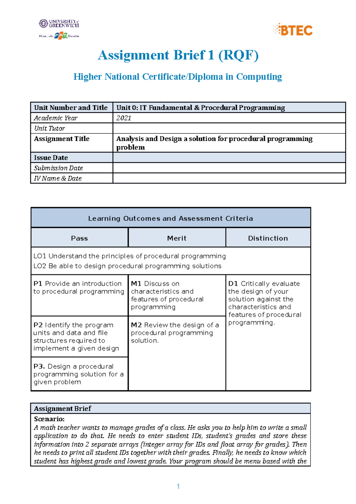 Assignment 1 brief - JCHJ - Assignment Brief 1 (RQF) Higher National Certificate/Diploma in ...