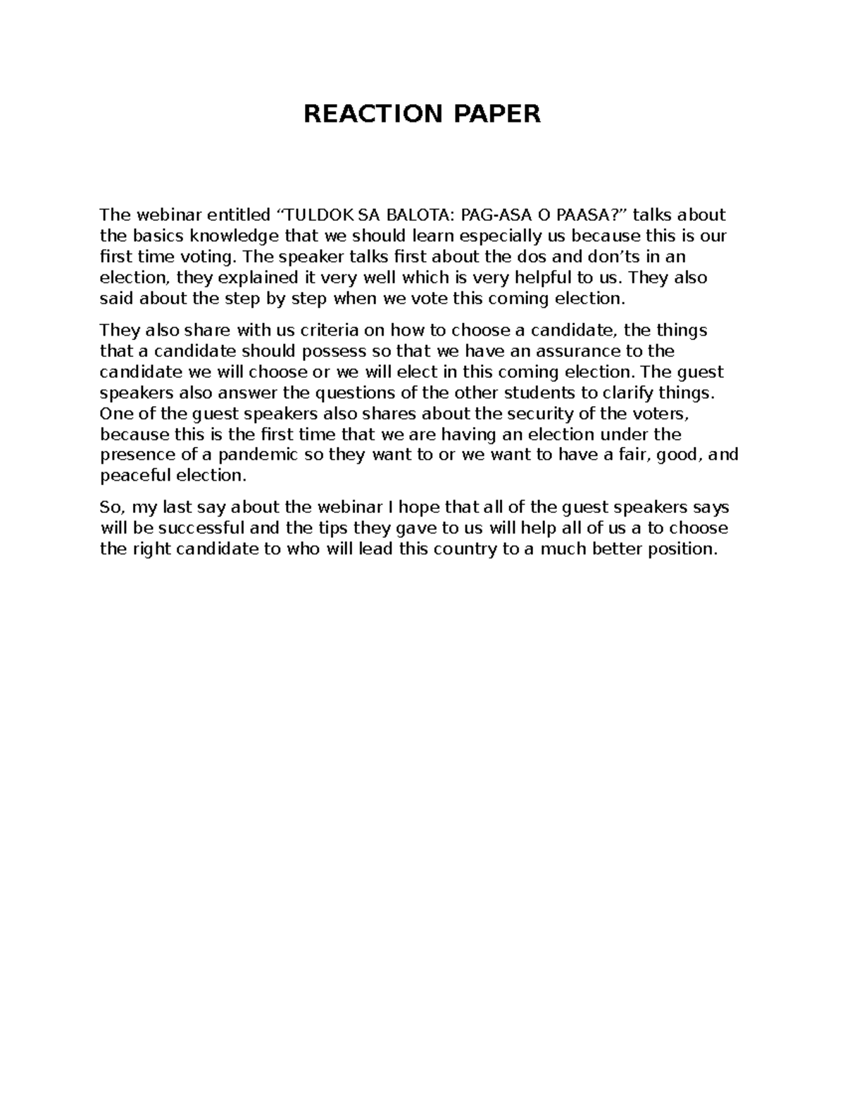 Reaction Paper - DAS DASAS DASDSD - REACTION PAPER The webinar entitled ...