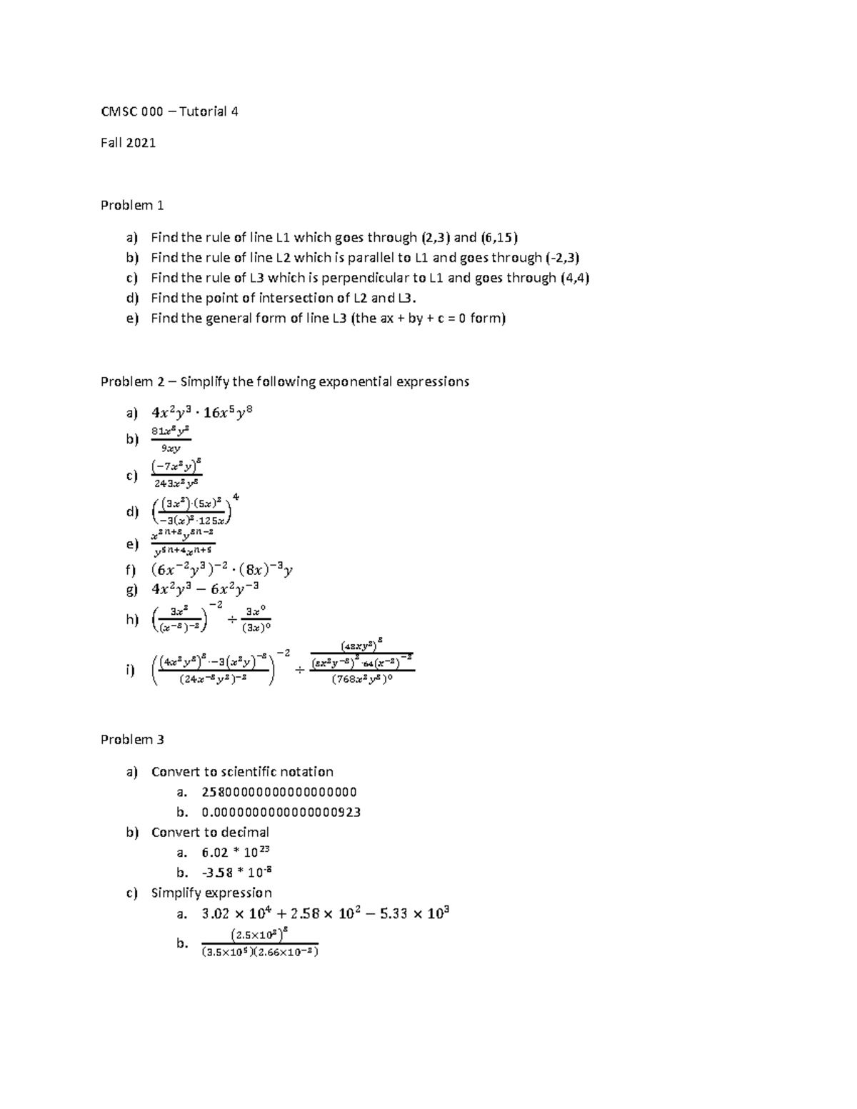 CMSC 000- Fall 2021 - Tutorial 04 - Copy - CMSC 000 – Tutorial 4 Fall 2021 Problem 1 a) Find the ...