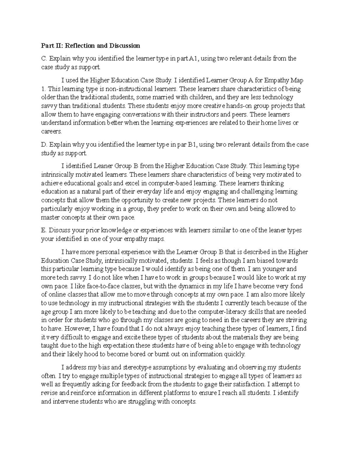 SFM3 Task 1 Conducting a Learner Analysis - Part II: Reflection and ...