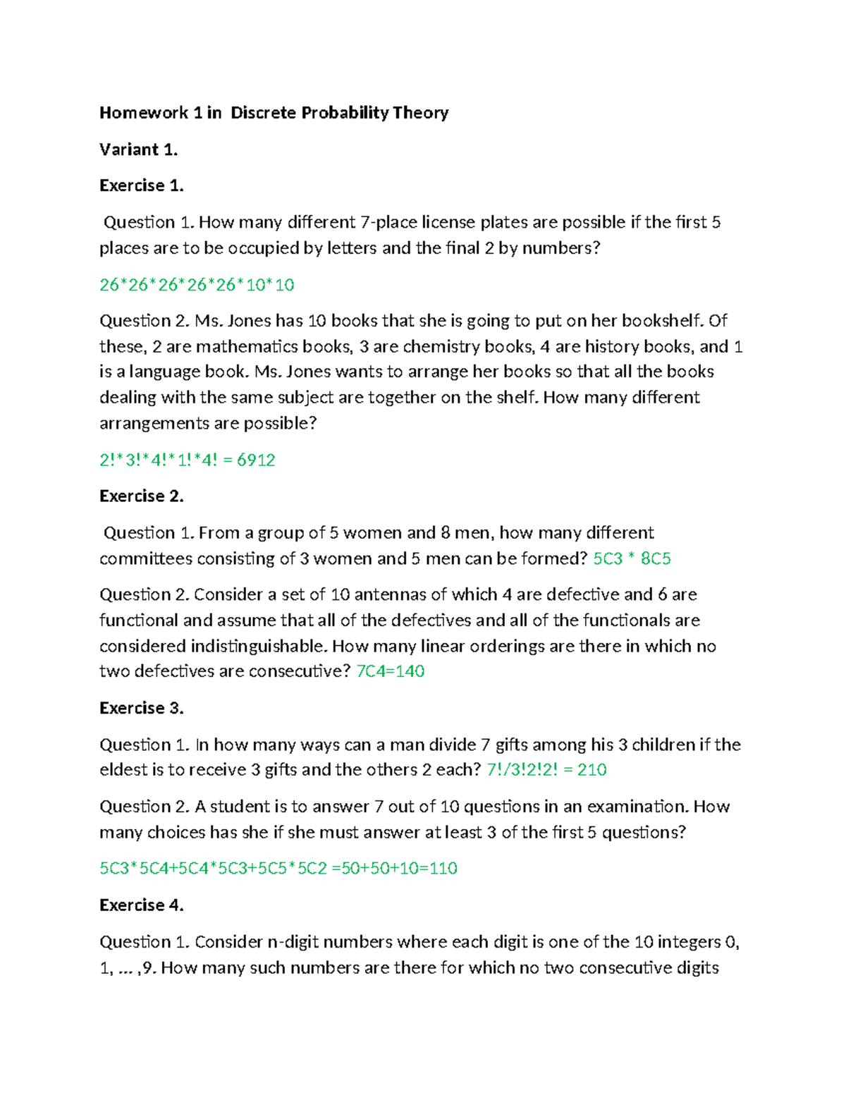 Hw1 V1 - something b - Homework 1 in Discrete Probability Theory Variant 1. Exercise 1. Question ...
