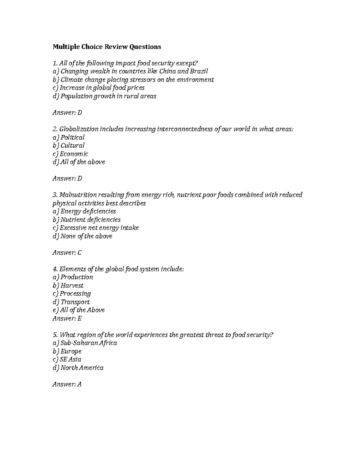 Quiz instructor version answers - Multiple Choice Review Questions All ...