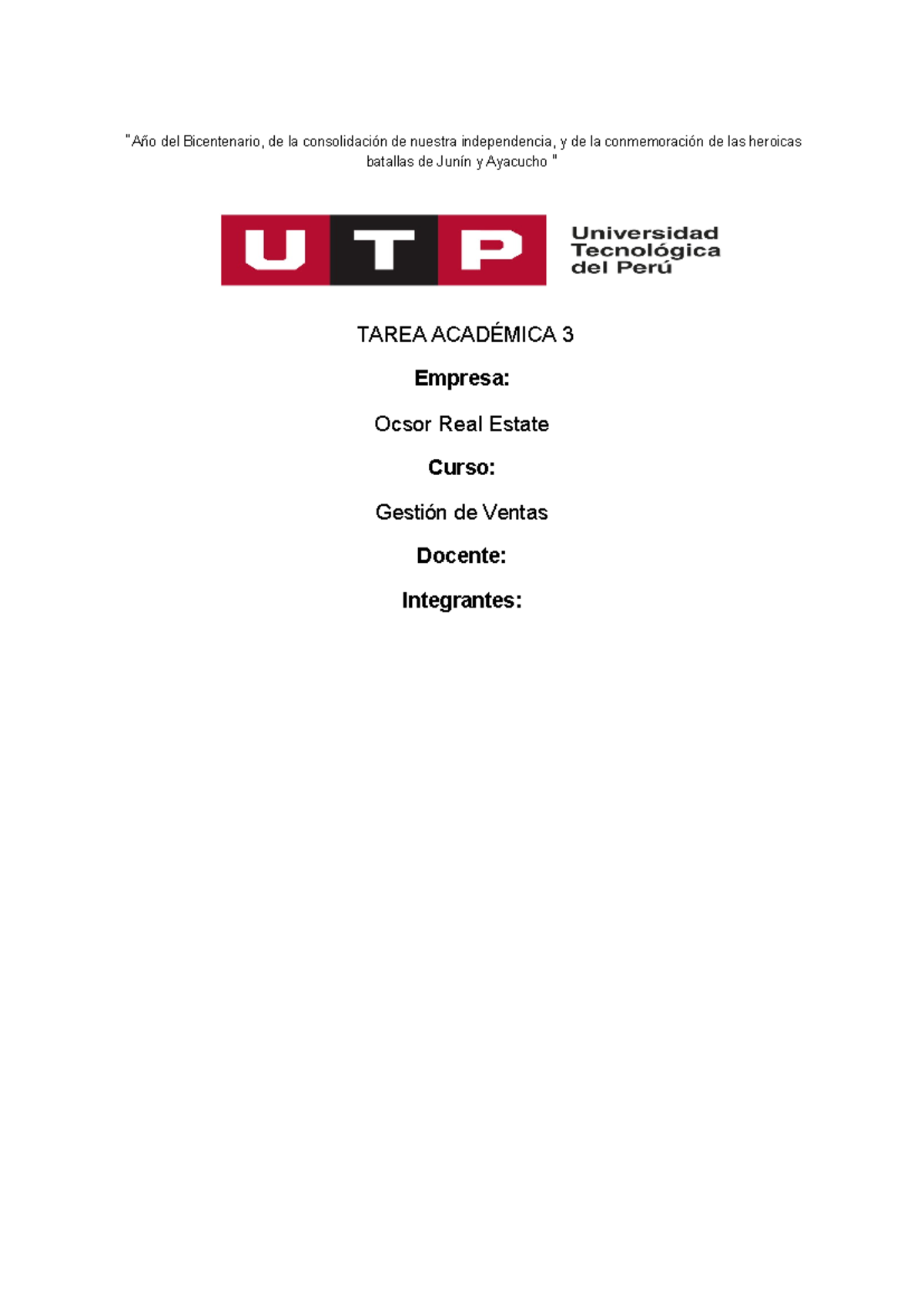 TA3 Gestión de Ventas - “Año del Bicentenario, de la consolidación de nuestra independencia, y ...