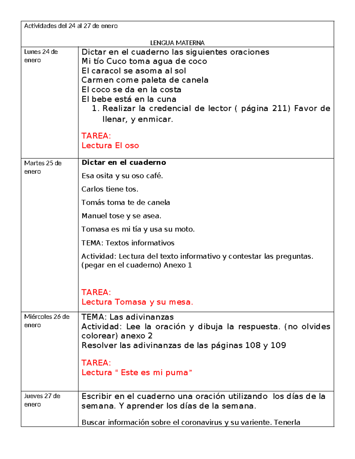Actividades semana 20 - educación - Actividades del 24 al 27 de enero ...
