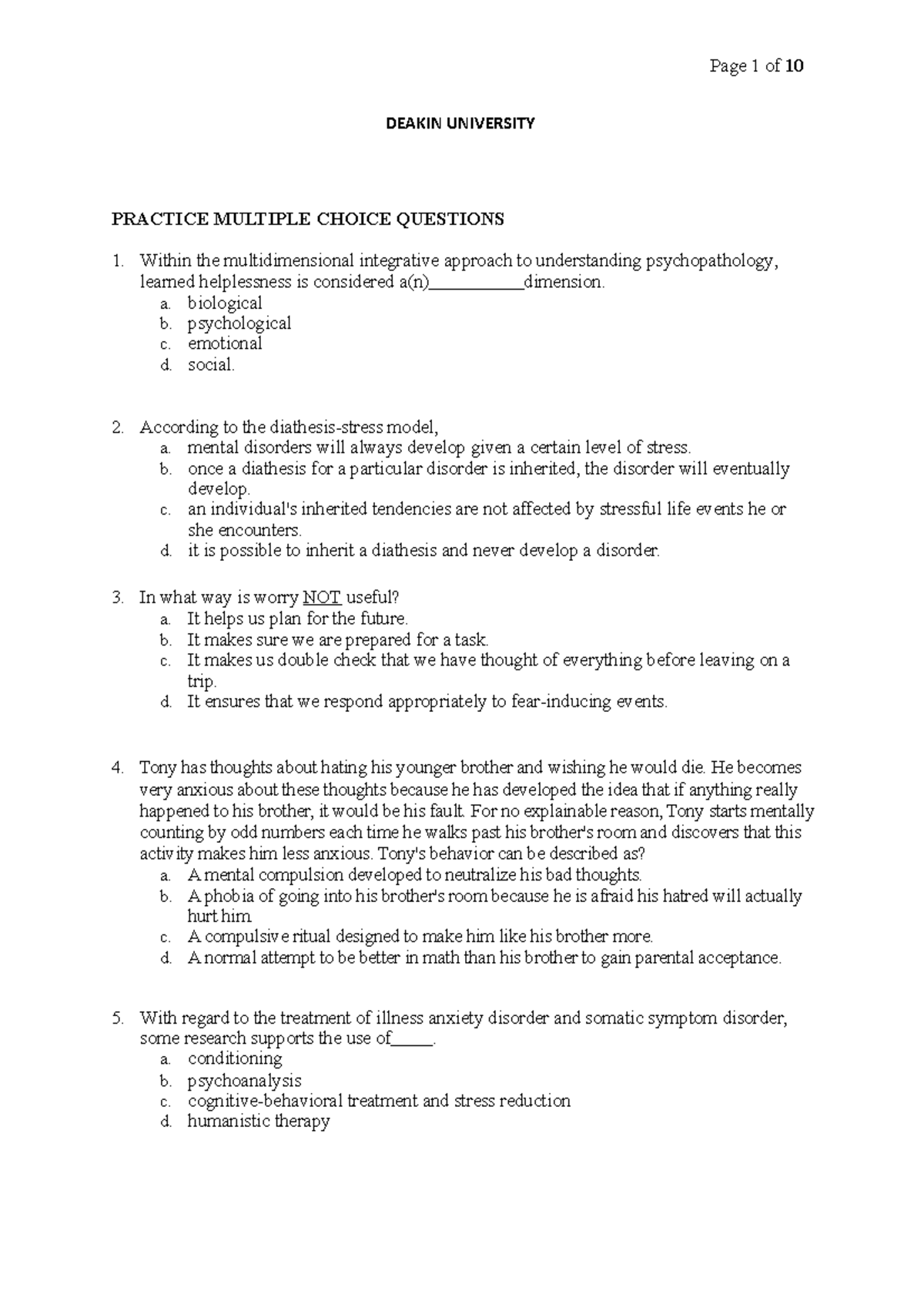 Practice Multiple Choice Questions No Answers Deakin University Practice Multiple Choice