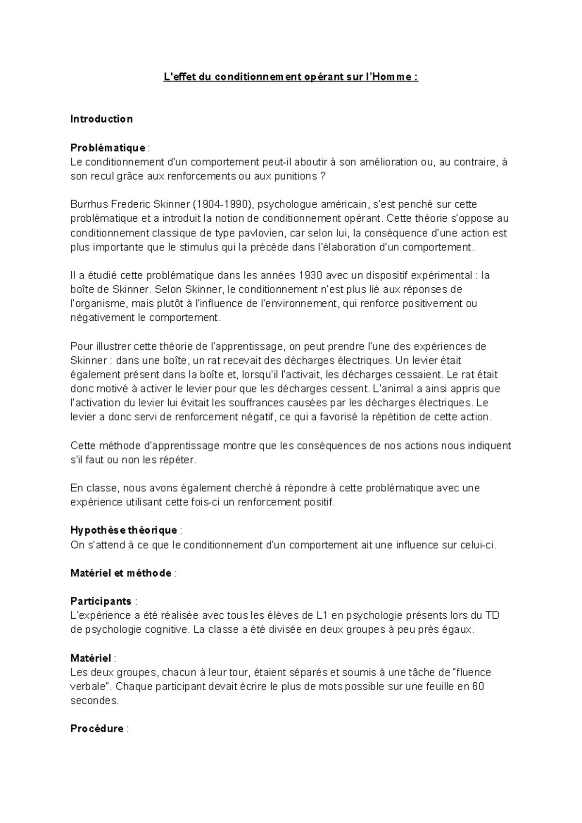 TD psychologie cognitive - L'effet du conditionnement opérant sur l ...