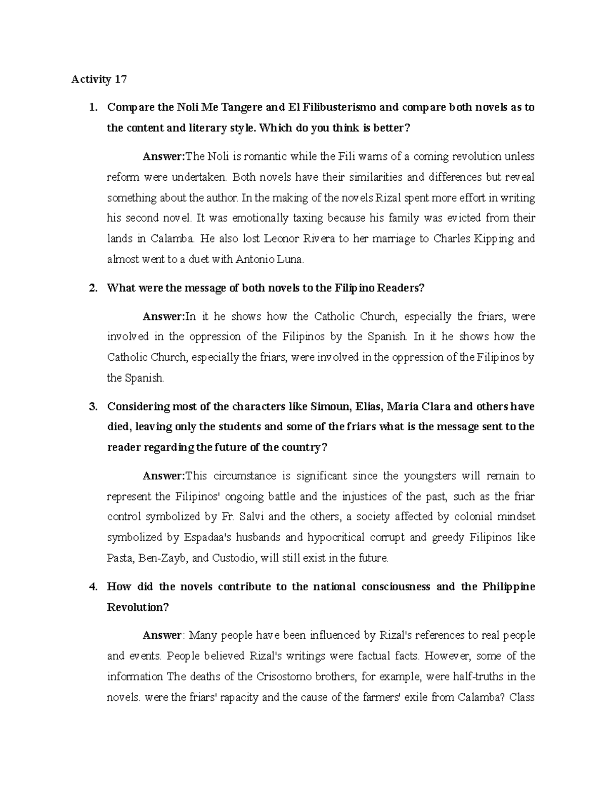 A17 - A Chapter 17 - Activity 17 Compare the Noli Me Tangere and El Filibusterismo and compare ...
