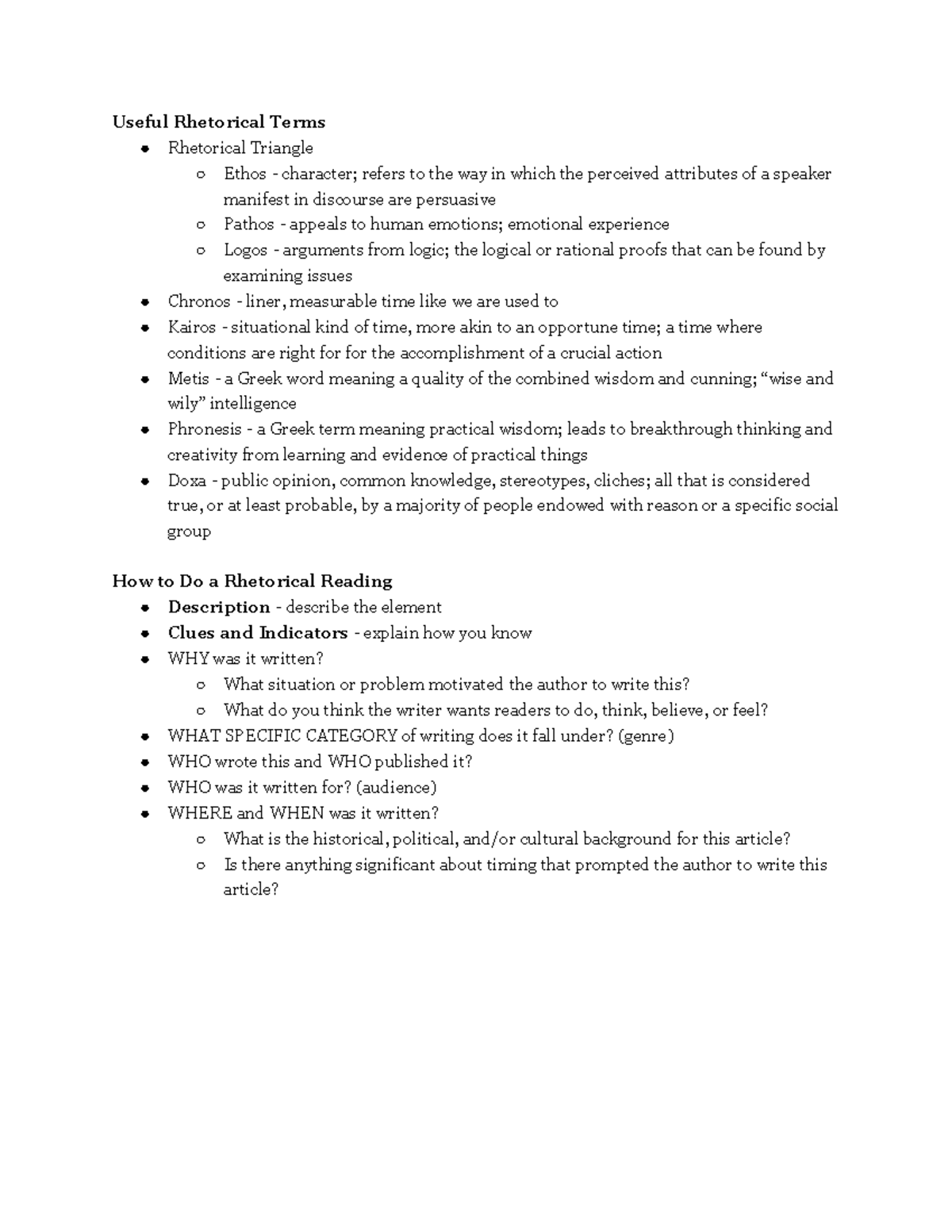 In-Class Notes - Useful Rhetorical Terms Rhetorical Triangle Ethos ...