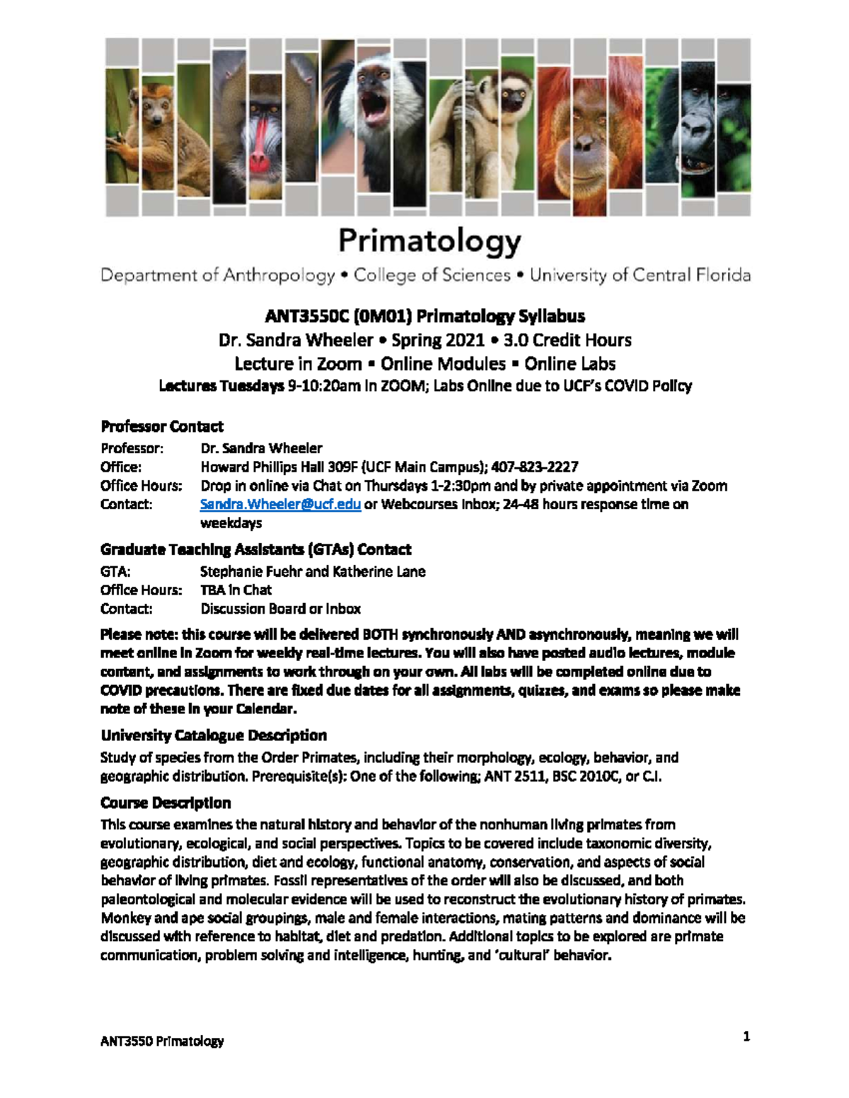 ANT 3550C Syllabus - Primatology Department of Anthropology College of ...
