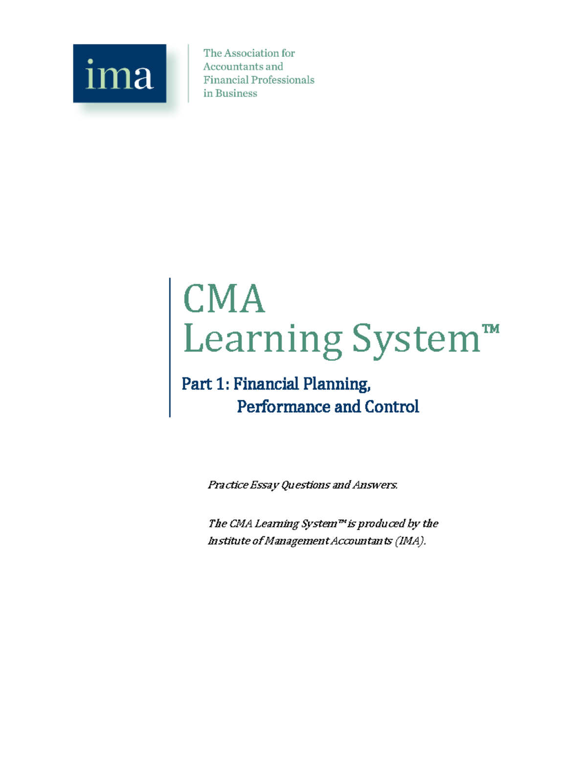 Eassy - dasda - CMA Learning System ####### TM Part 1 : Financial Planning, Performance and ...