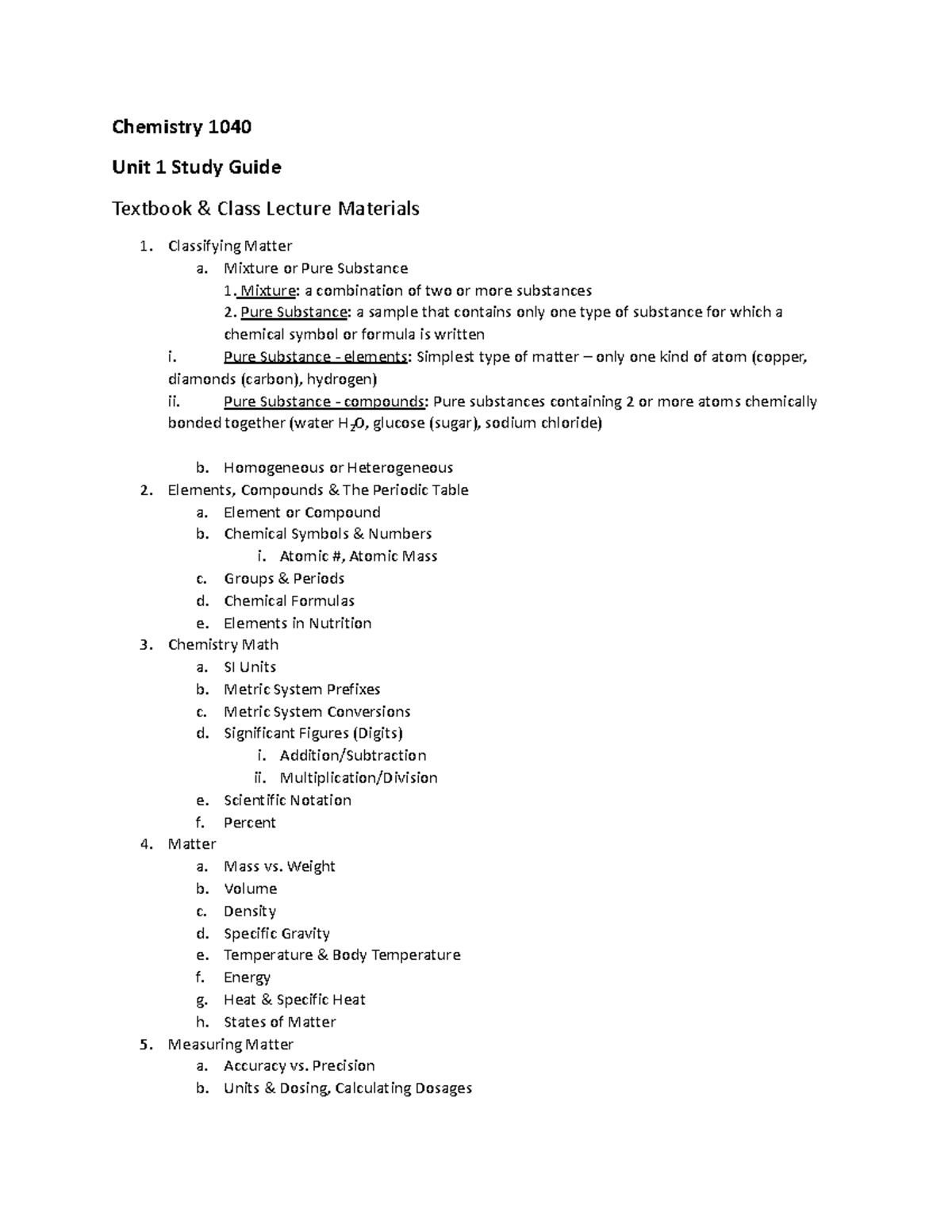 Copy of Unit 1 Study Guide - Chemistry 1040 Unit 1 Study Guide Textbook ...
