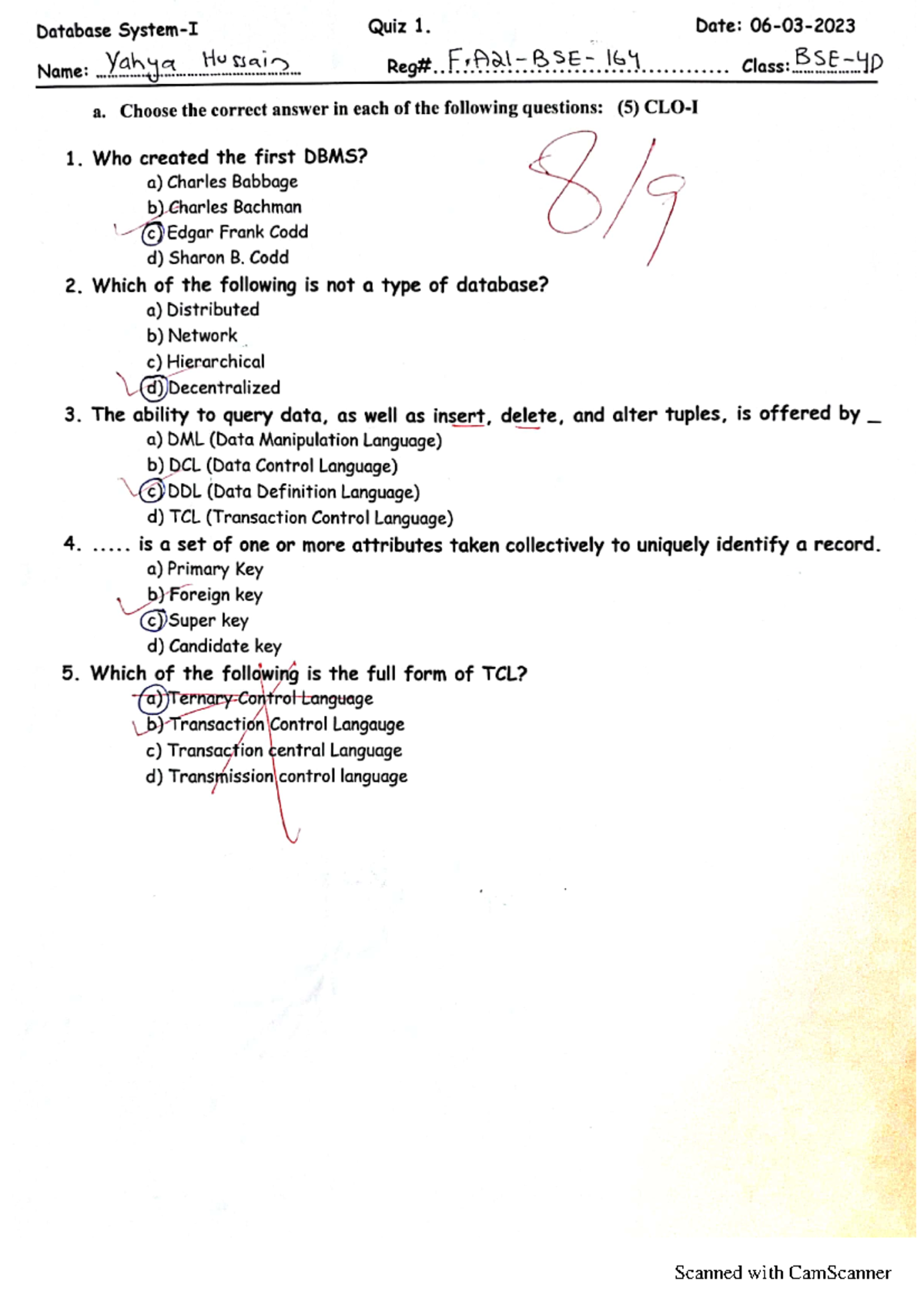 Database Quiz 1 4D - Database Systems - Scanned with CamScanner Scanned ...