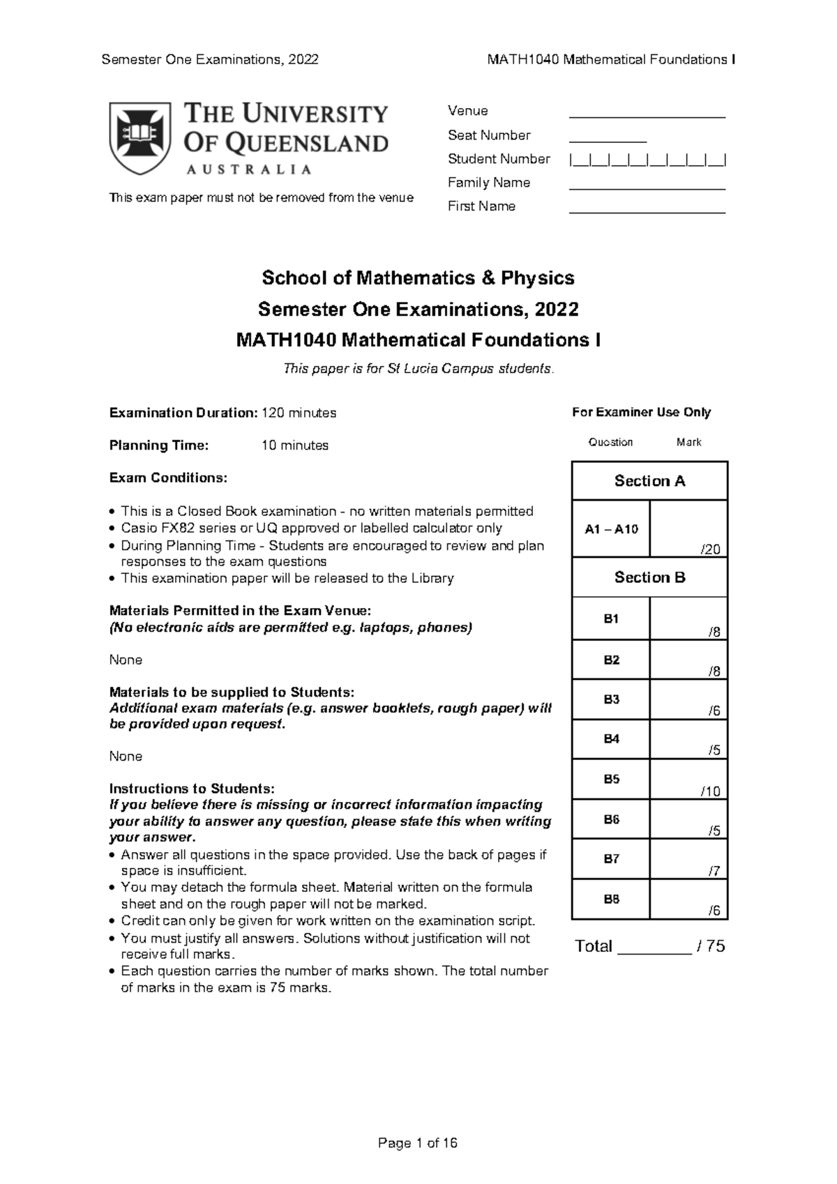 Semester One Final Examinations 2022 MATH1040 - This exam paper must ...