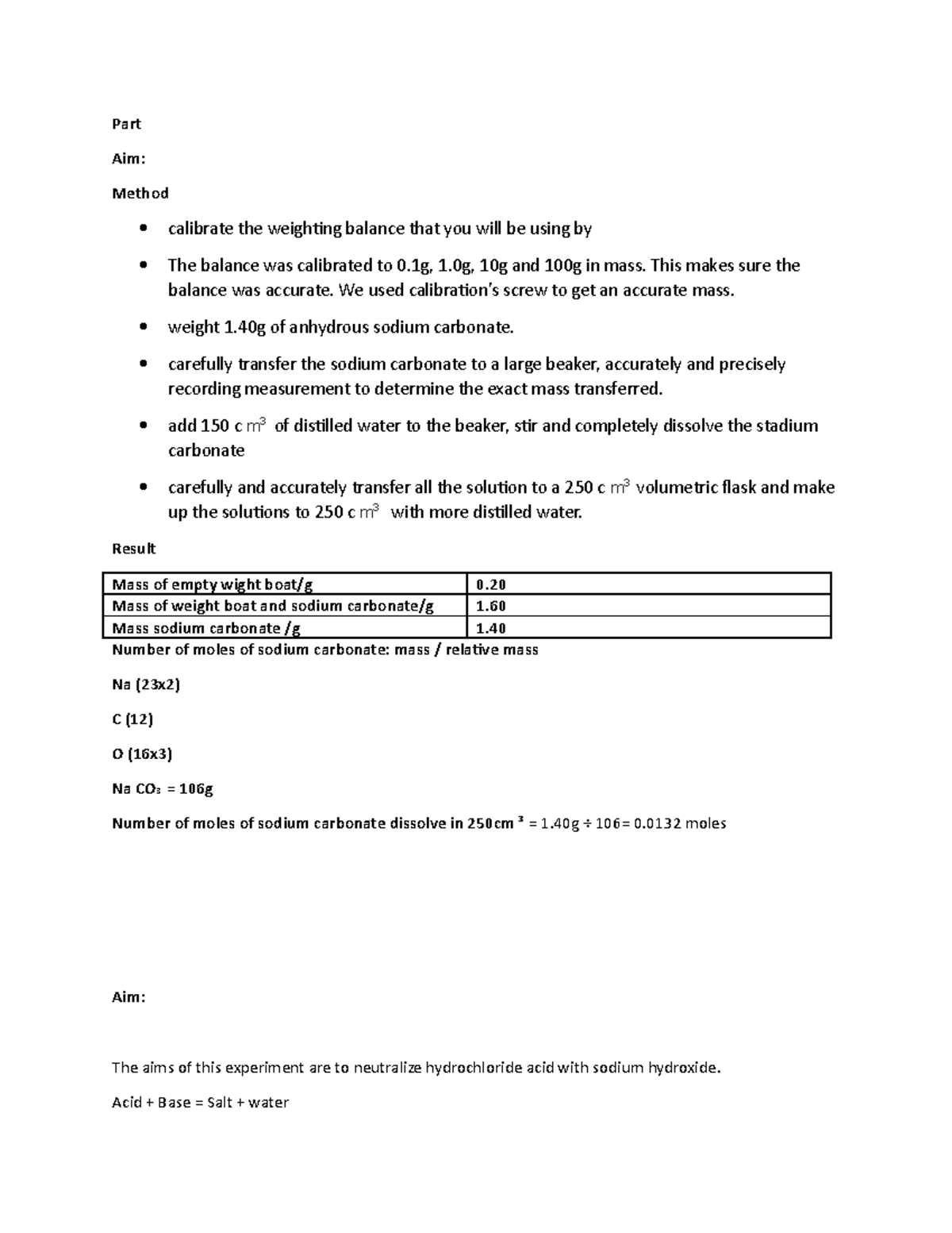 Final draft of titrations - Part Aim: Method calibrate the weighting ...