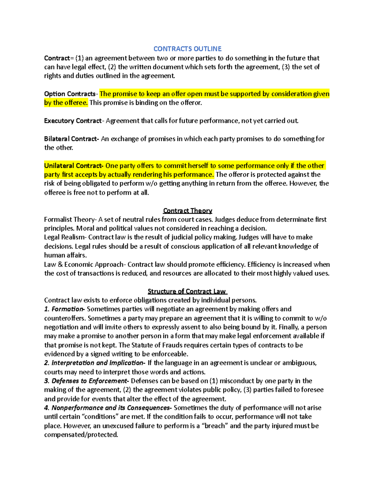Contracts Outline copy 2 - CONTRACTS OUTLINE Contract= (1) an agreement between two or more ...