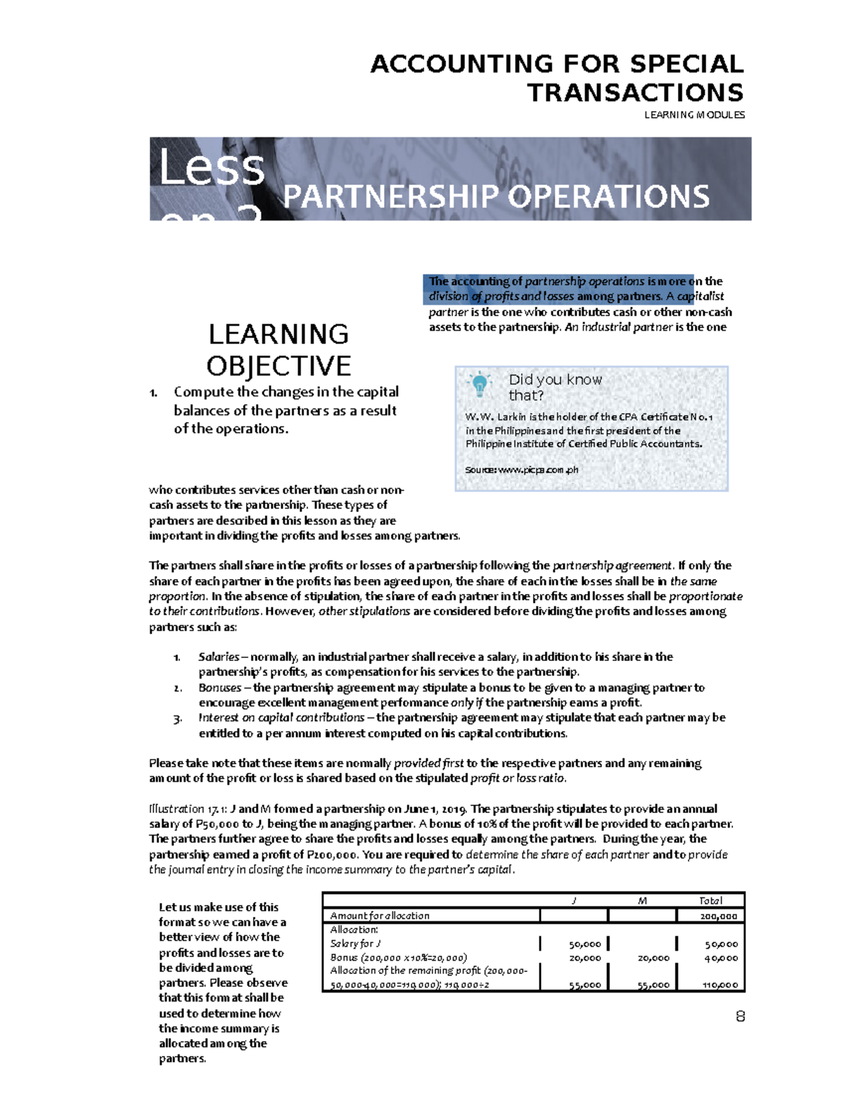 Lesson 2 Partnership Operations - TRANSACTIONS LEARNING MODULES Less on ...