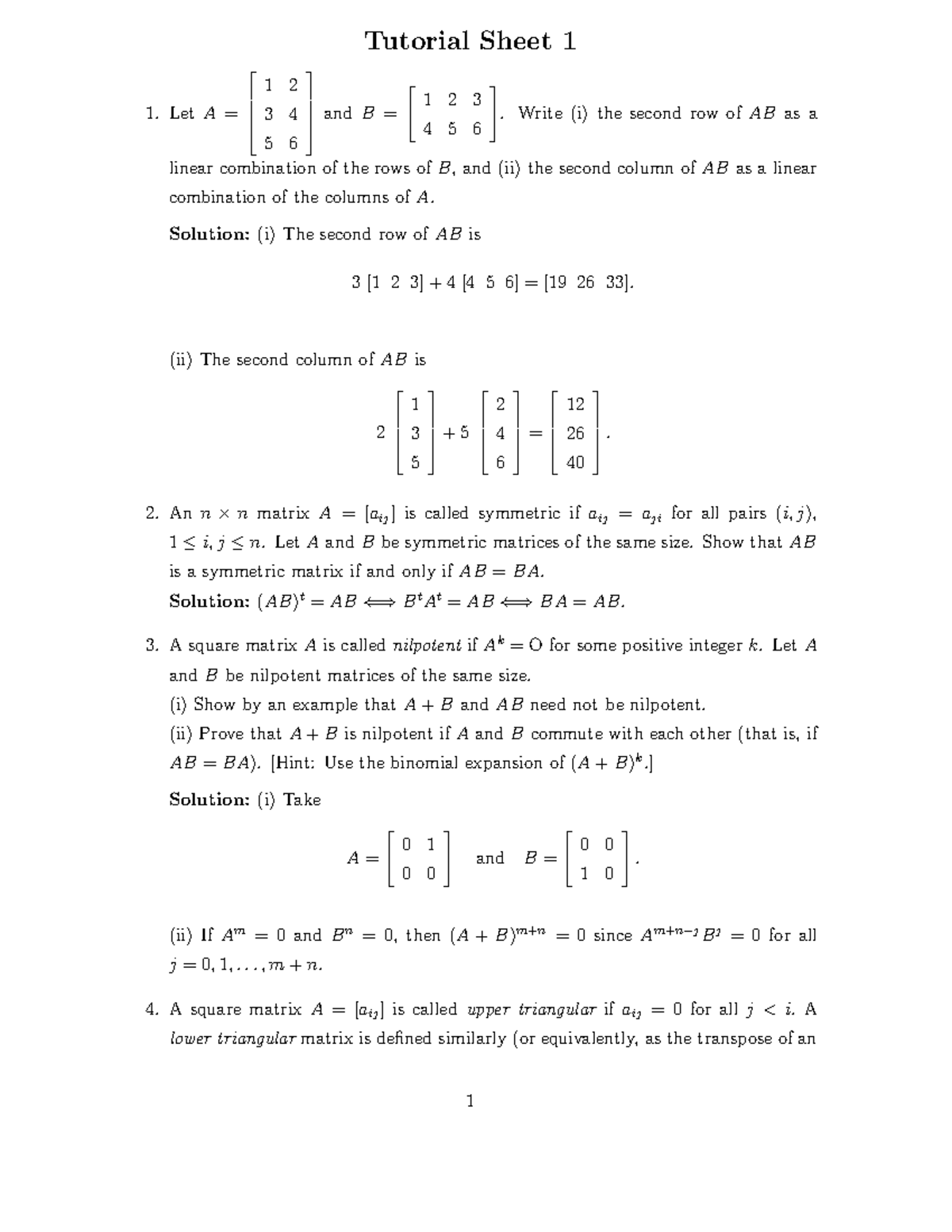 Tutorial 1 Solution Tutorial Sheet 1 LetA 1 2 3 4 5 6 AndB 1 2 3 4