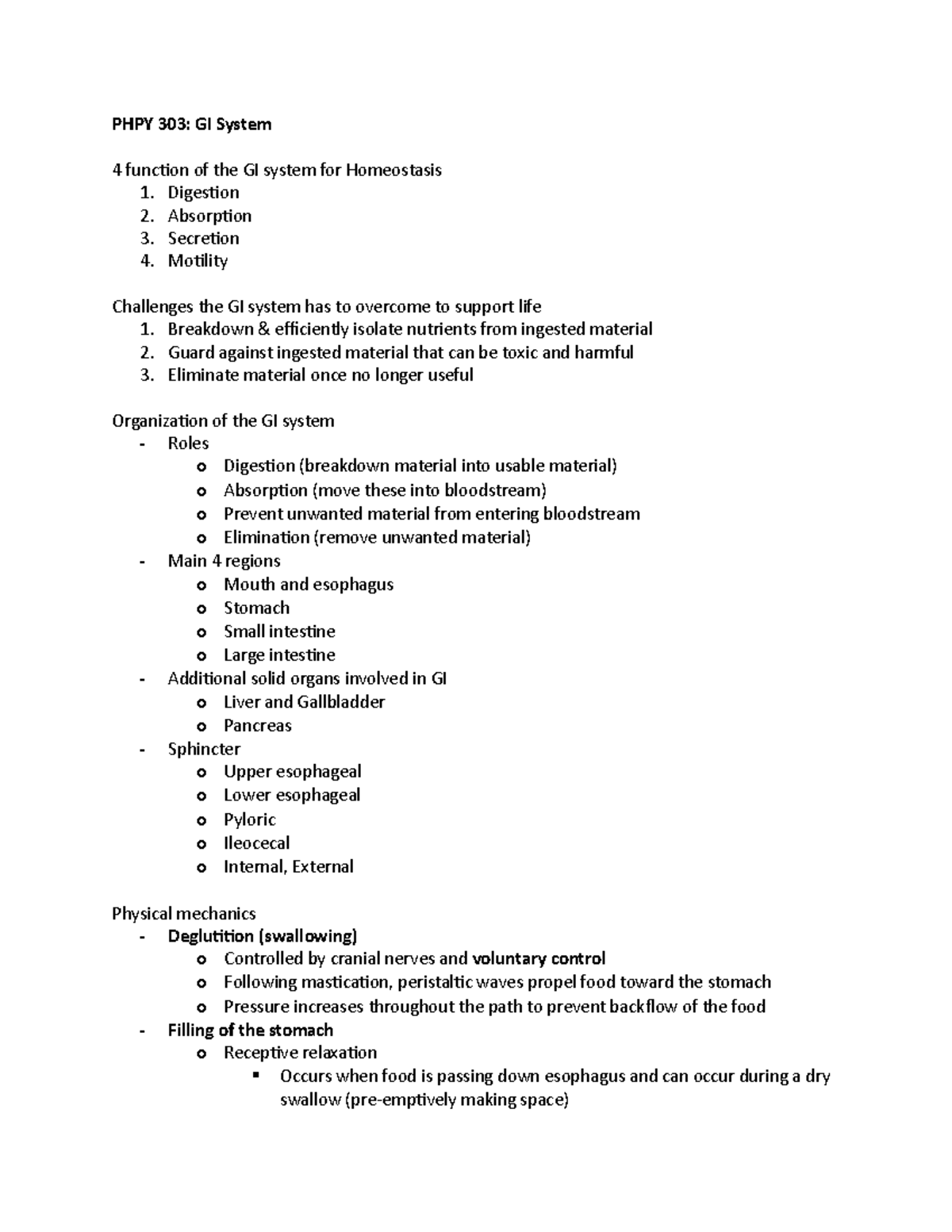 GI system Notes for Scott W. - PHPY 303: GI System 4 function of the GI ...
